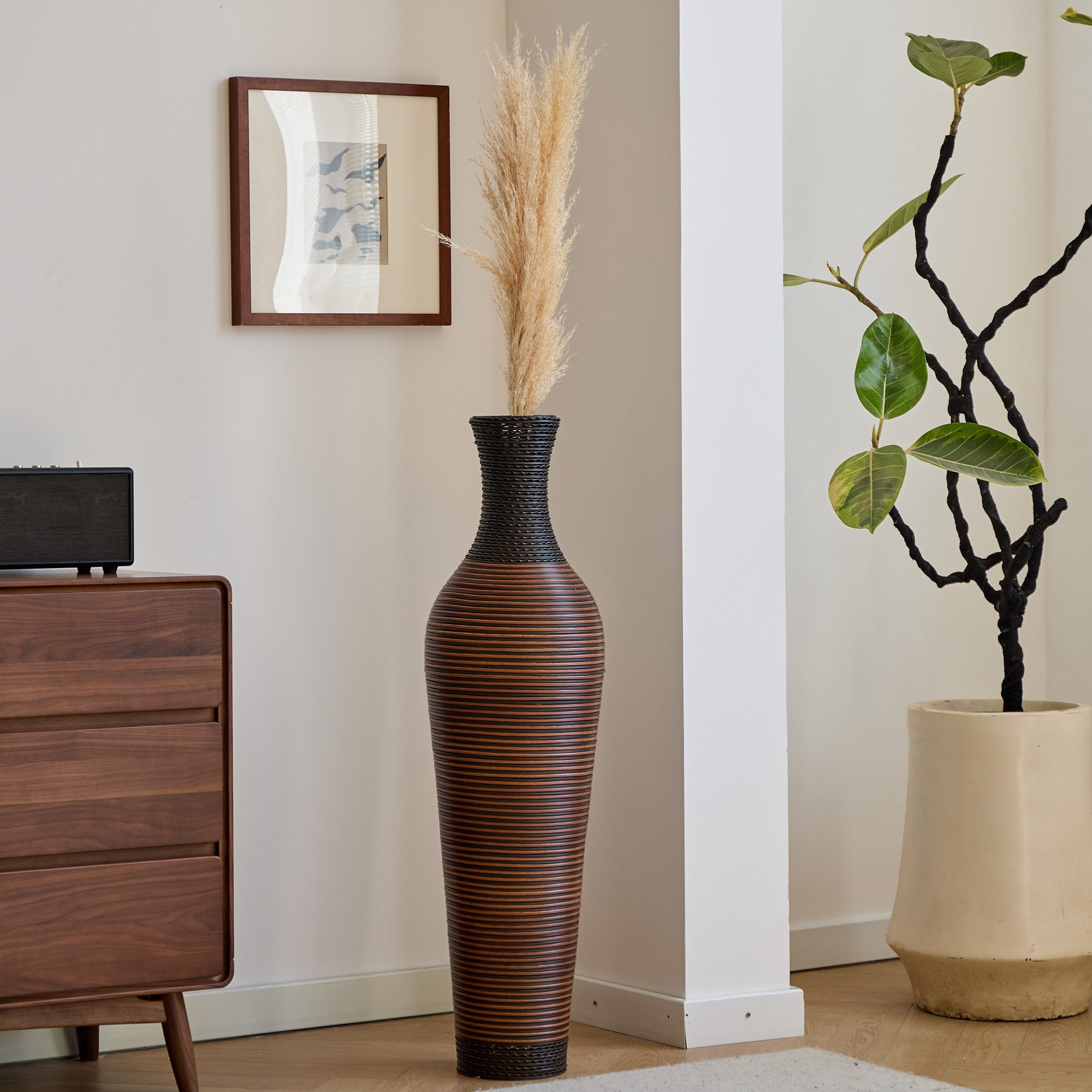 George Oliver Eibhinn 39" Tall Floor Vase, Two-tone Hand Woven Rattan ...