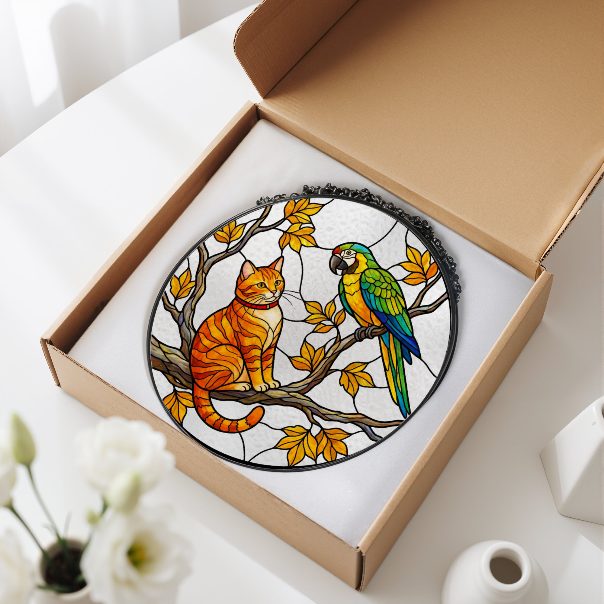 Astoria Grand 7.8"H Cat Parrot Stained Glass Window Panel | Wayfair