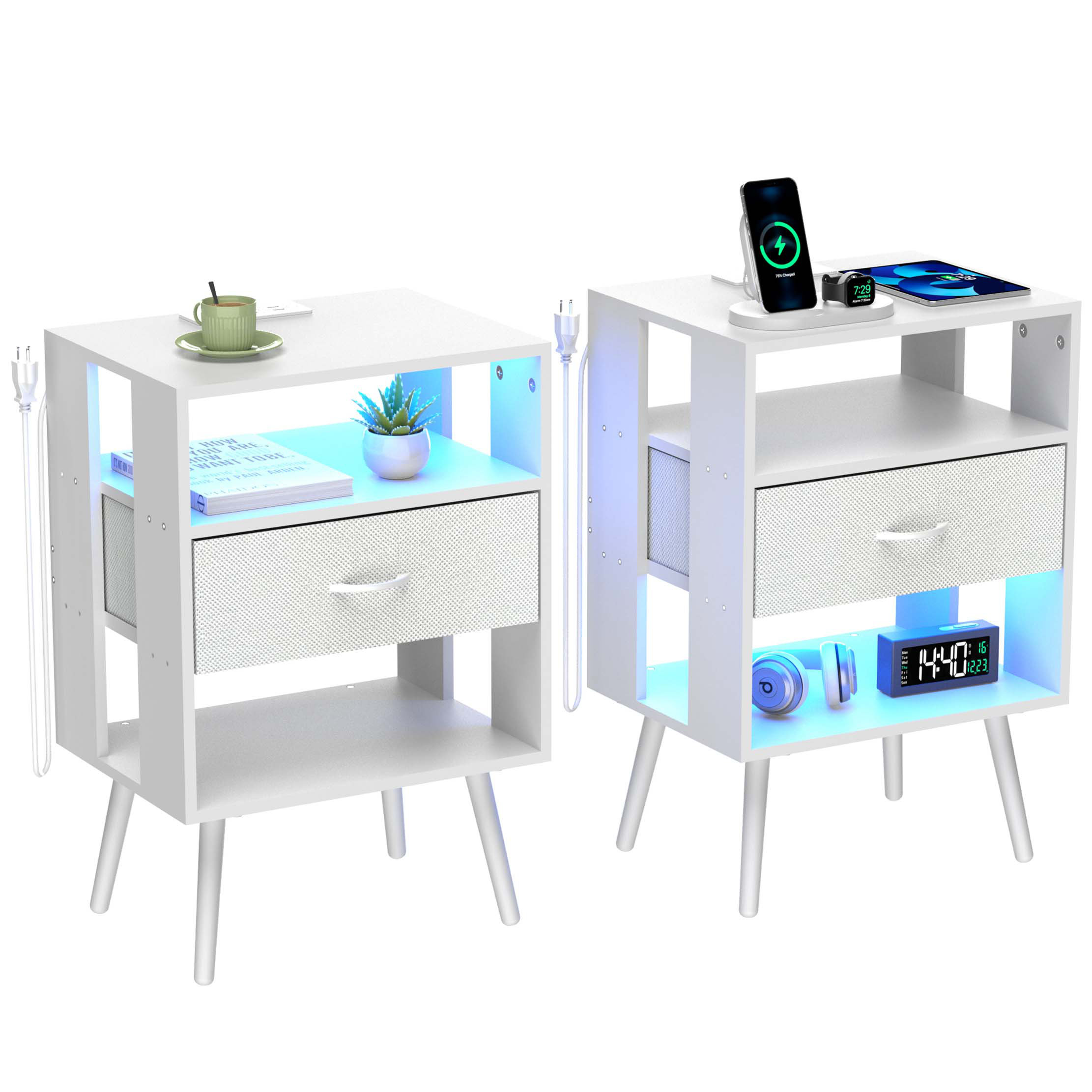 Ivy Bronx 2 Pack Modern Nightstand With Charging Station, Bedside Tables With LED Light And ...