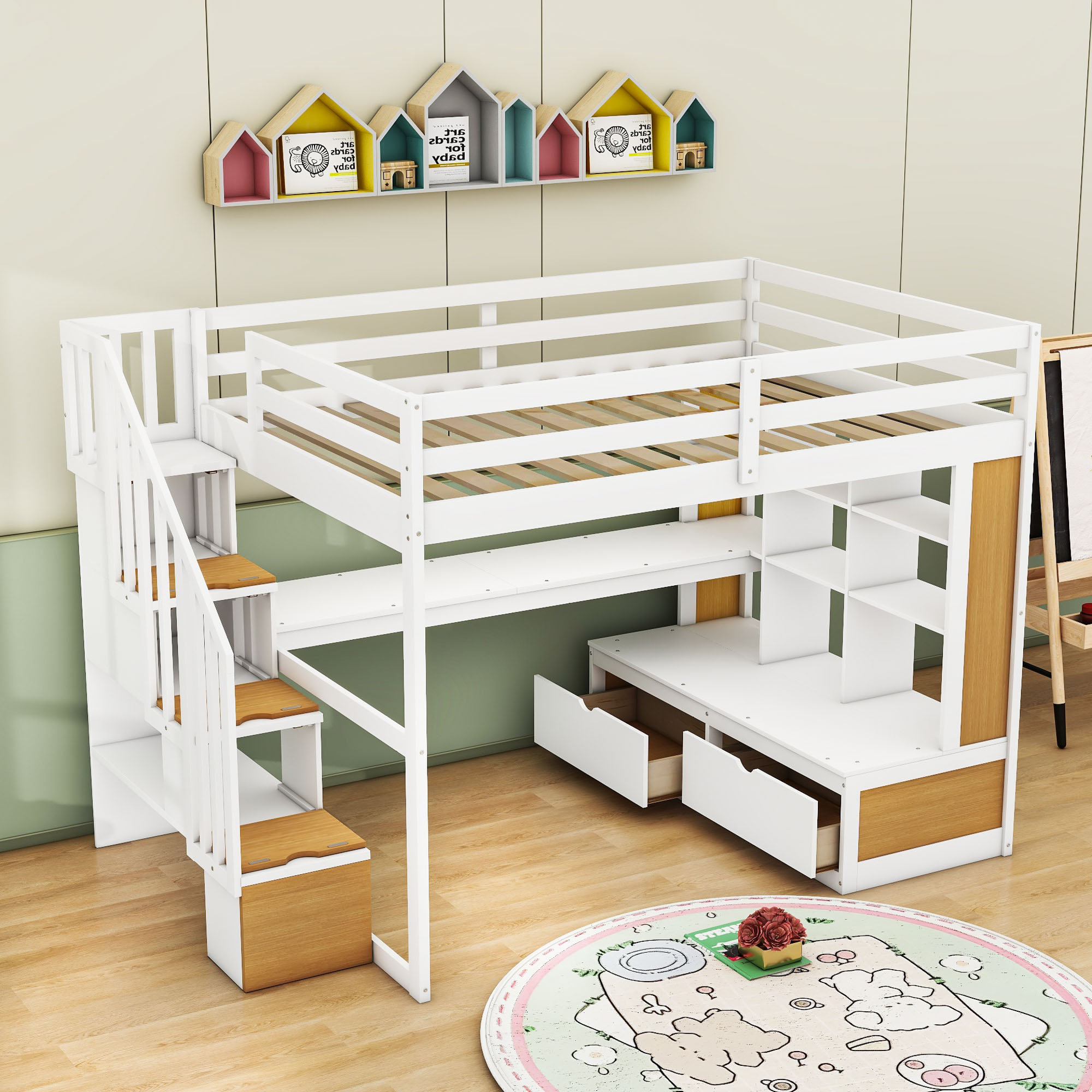 Harriet Bee Kayd Full Size Loft Bed With Desk, Shelves, Storage ...