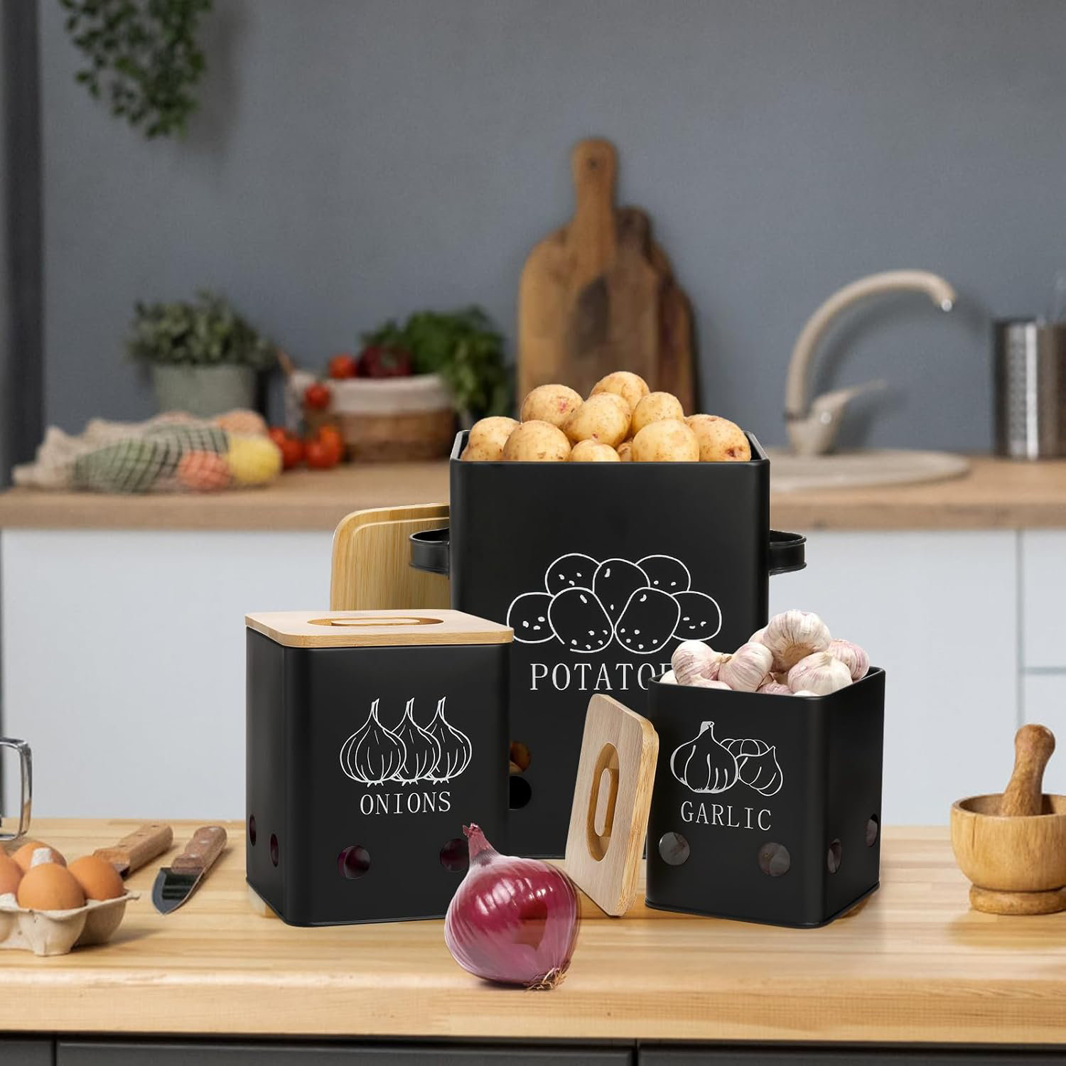 Gracie Oaks 3 Pack Vegetable Storage Tins, Potato Onion Garlic Storage ...