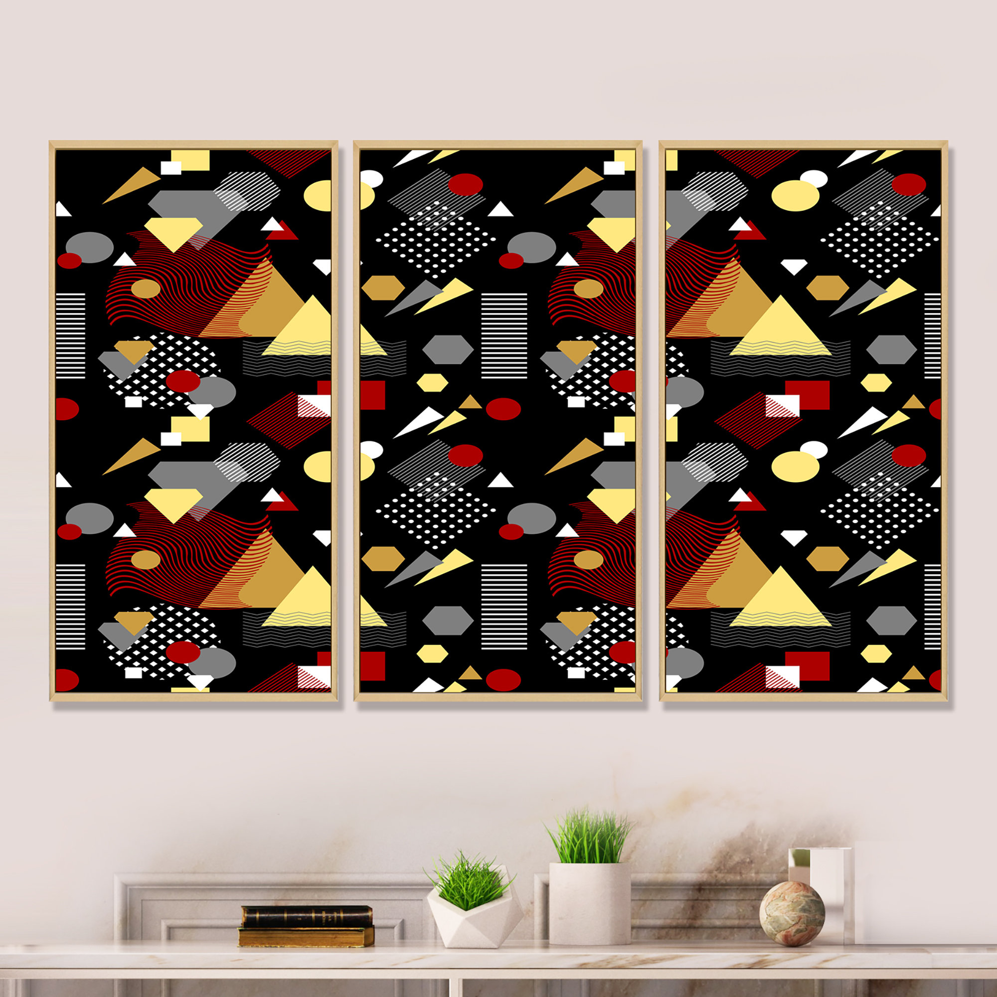 Ebern Designs Yellow Triangles On Black - Modern Framed Canvas Wall Art ...