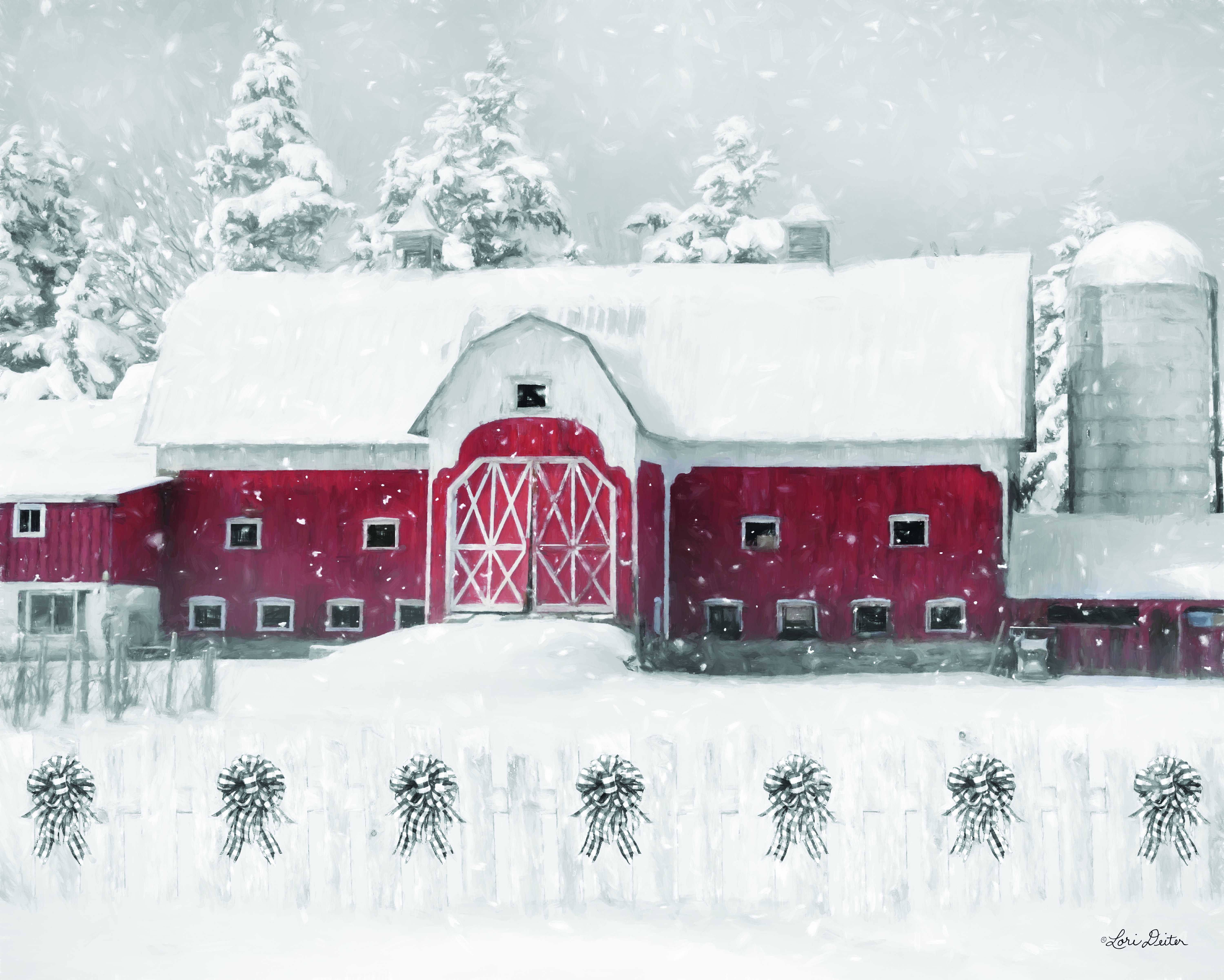 Rosalind Wheeler Barn with Fence and Bows - Wrapped Canvas Print | Wayfair