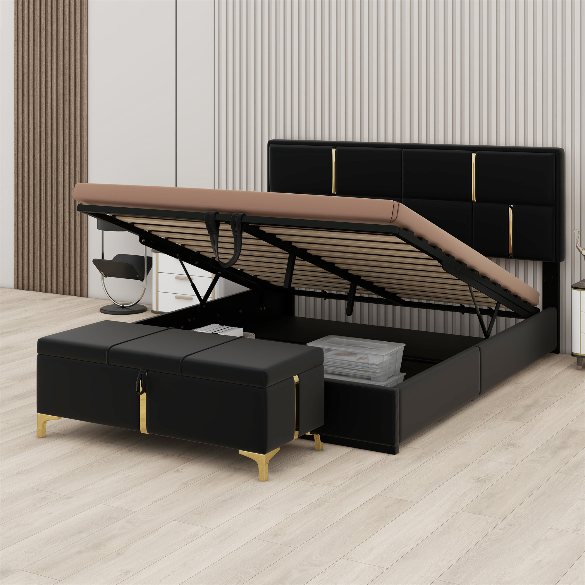 Mercer41 Upholstered Platform Bed With Hydraulic Storage System,Storage ...