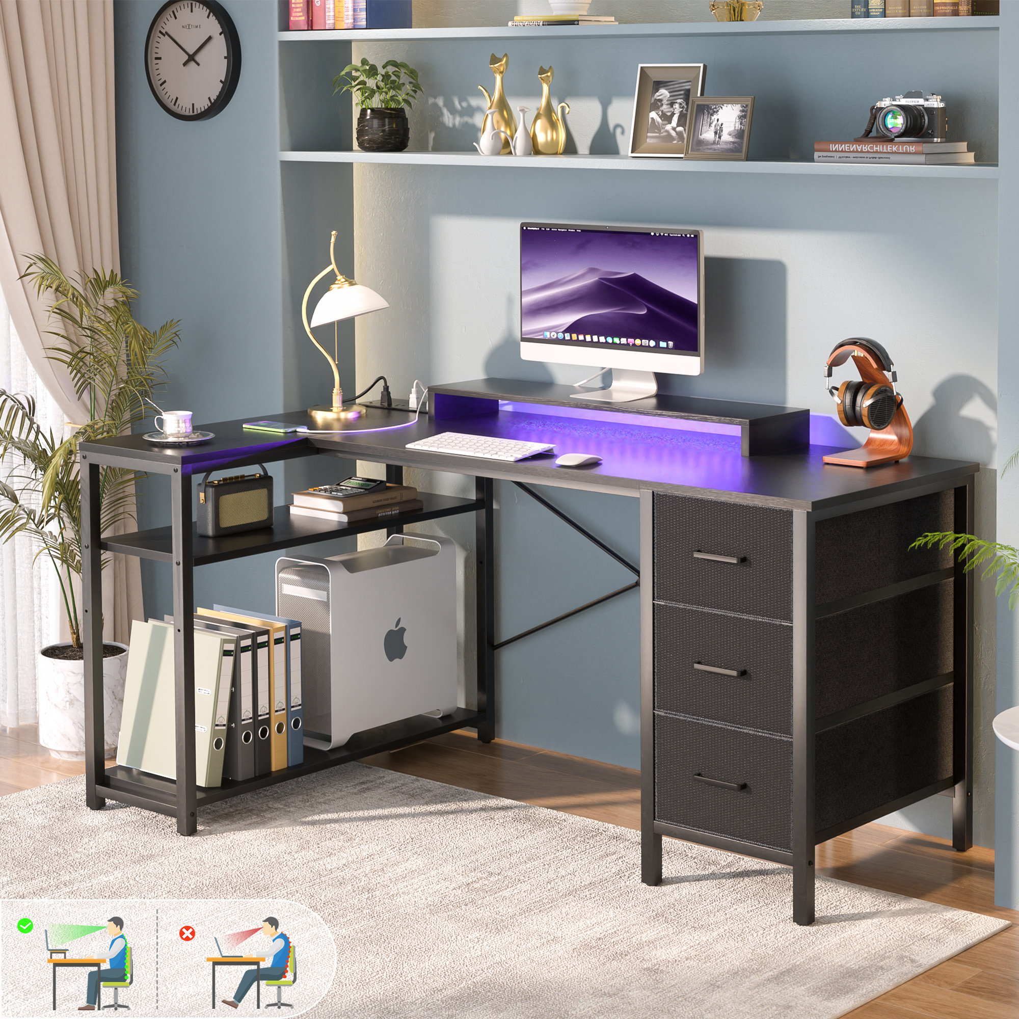 Inbox Zero Reversible L-Shaped Computer Desk with Lavell Outlets et ...