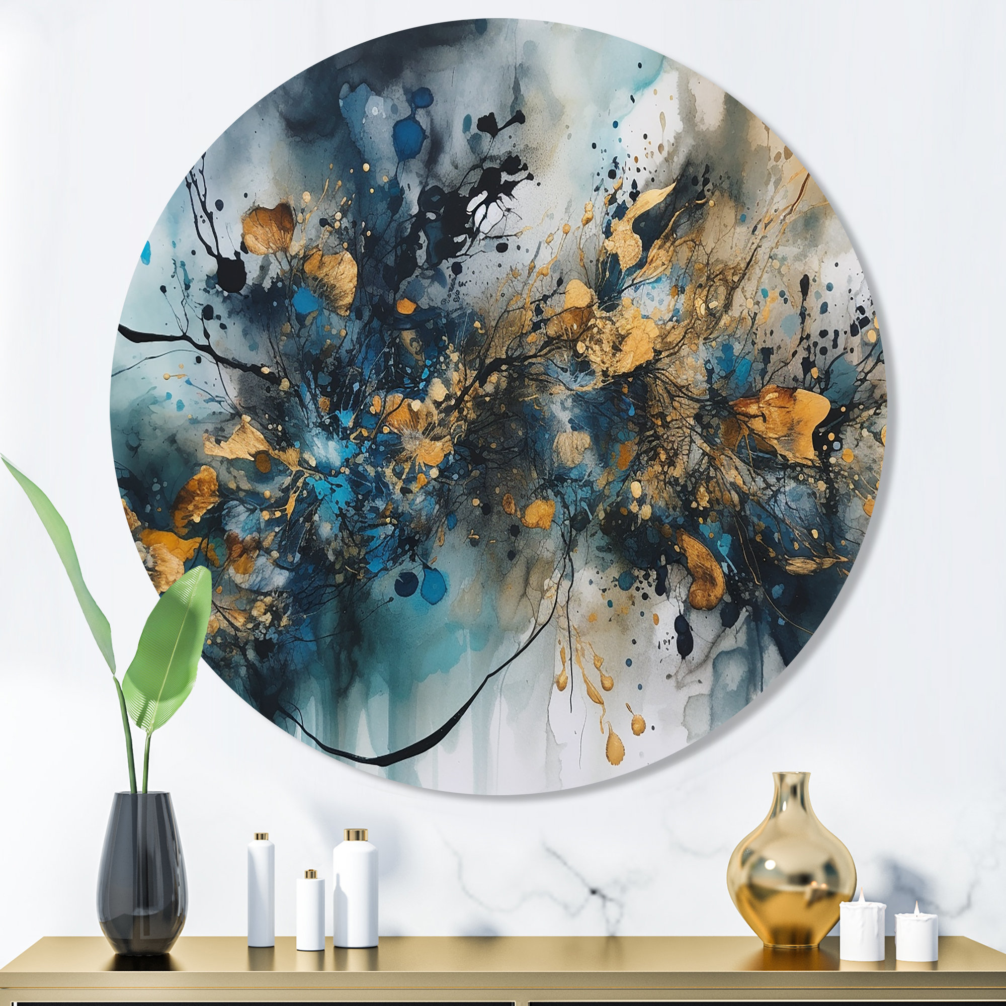 Mercer41 Blue Gold Captivating Liquid Ink - Abstract Marble Metal Wall ...