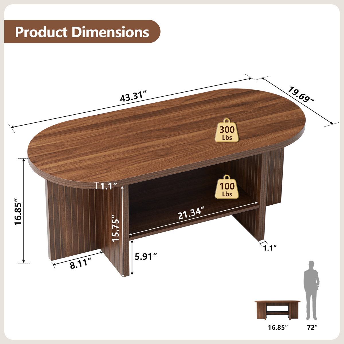Ebern Designs 43.31'' Oval Shaped Coffee Table With Storage | Wayfair