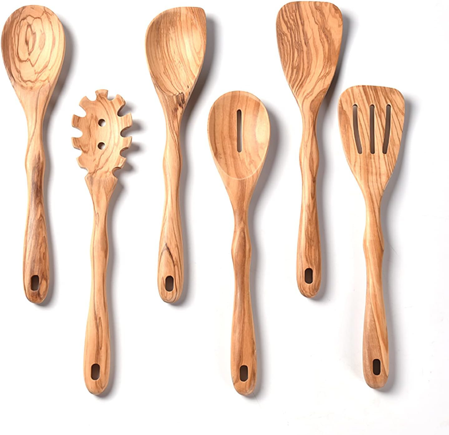 wuyi 12 Inch Olive Wooden Utensil Set, 6-Piece Natural Olive Wood ...