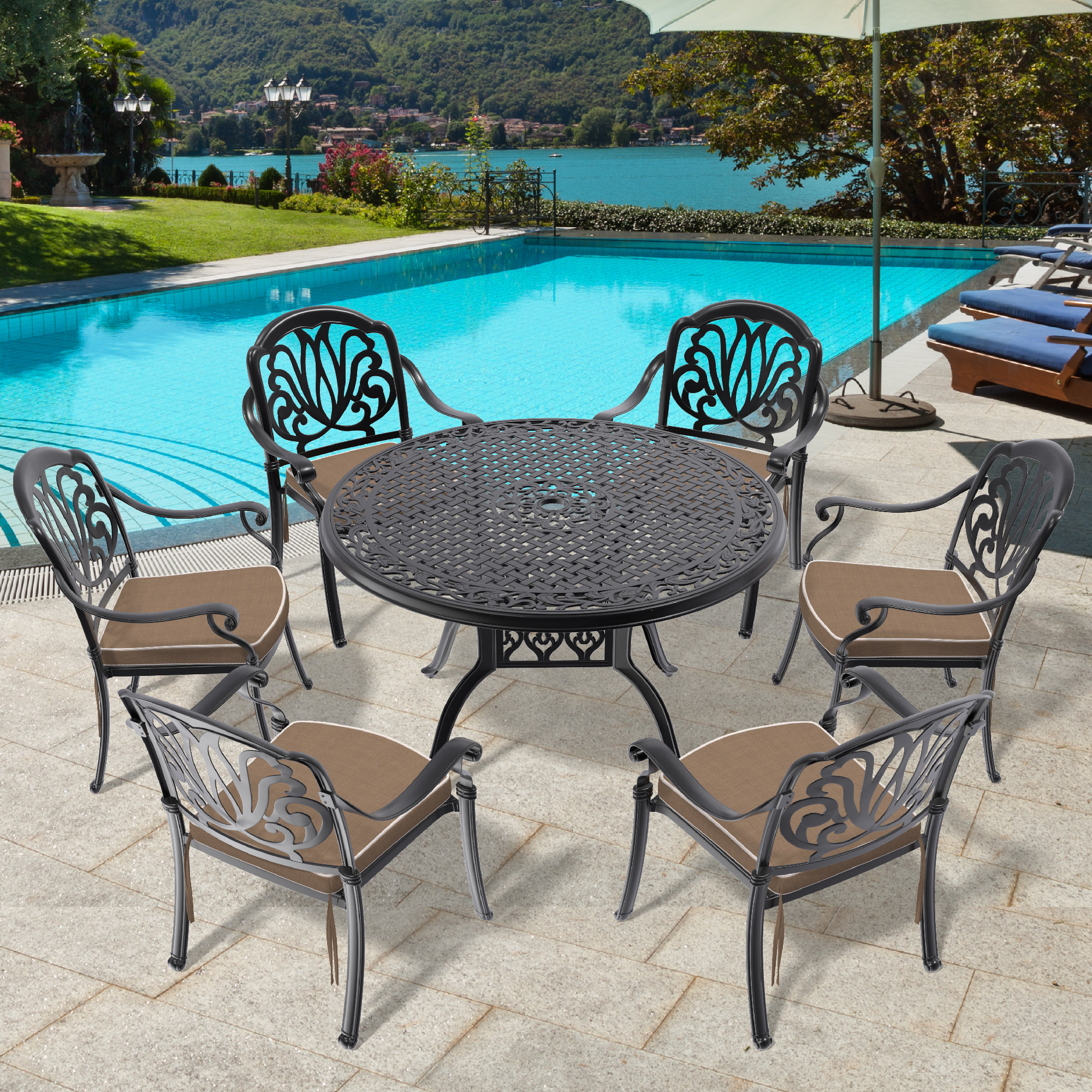 Bloomsbury Market Bogoch 47.24 - inch Round Table Cast Aluminum Outdoor ...