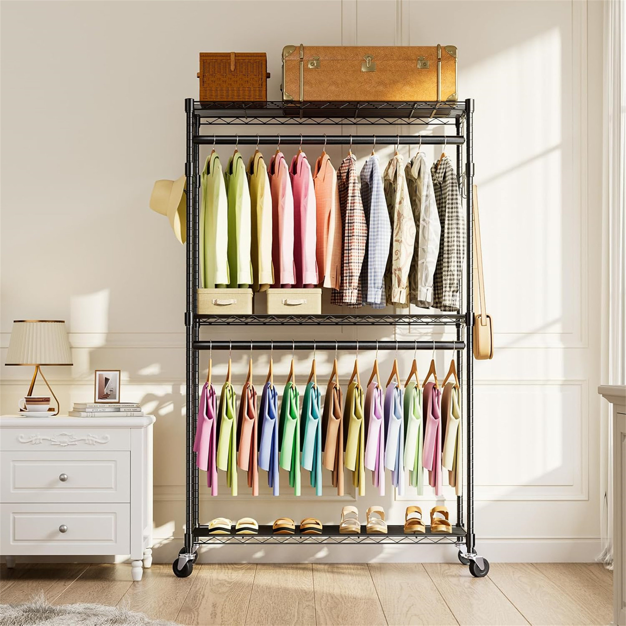 Rebrilliant Clothes Rack with Rollers, Rollable Metal Freestanding ...