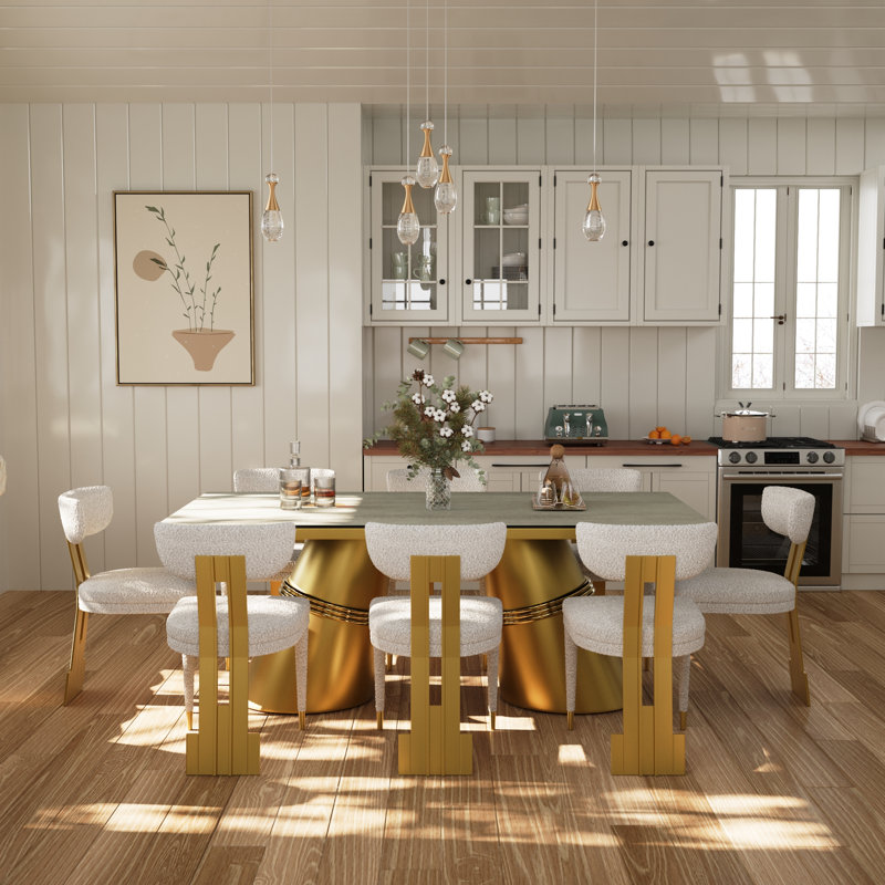 Everly Quinn Large Brushed Gold Dining Table with 78 inch Glass Top and ...