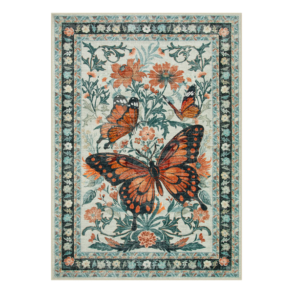 Rosalind Wheeler Washable Maximalist Floral Butterfly Rug – Non-Slip ...