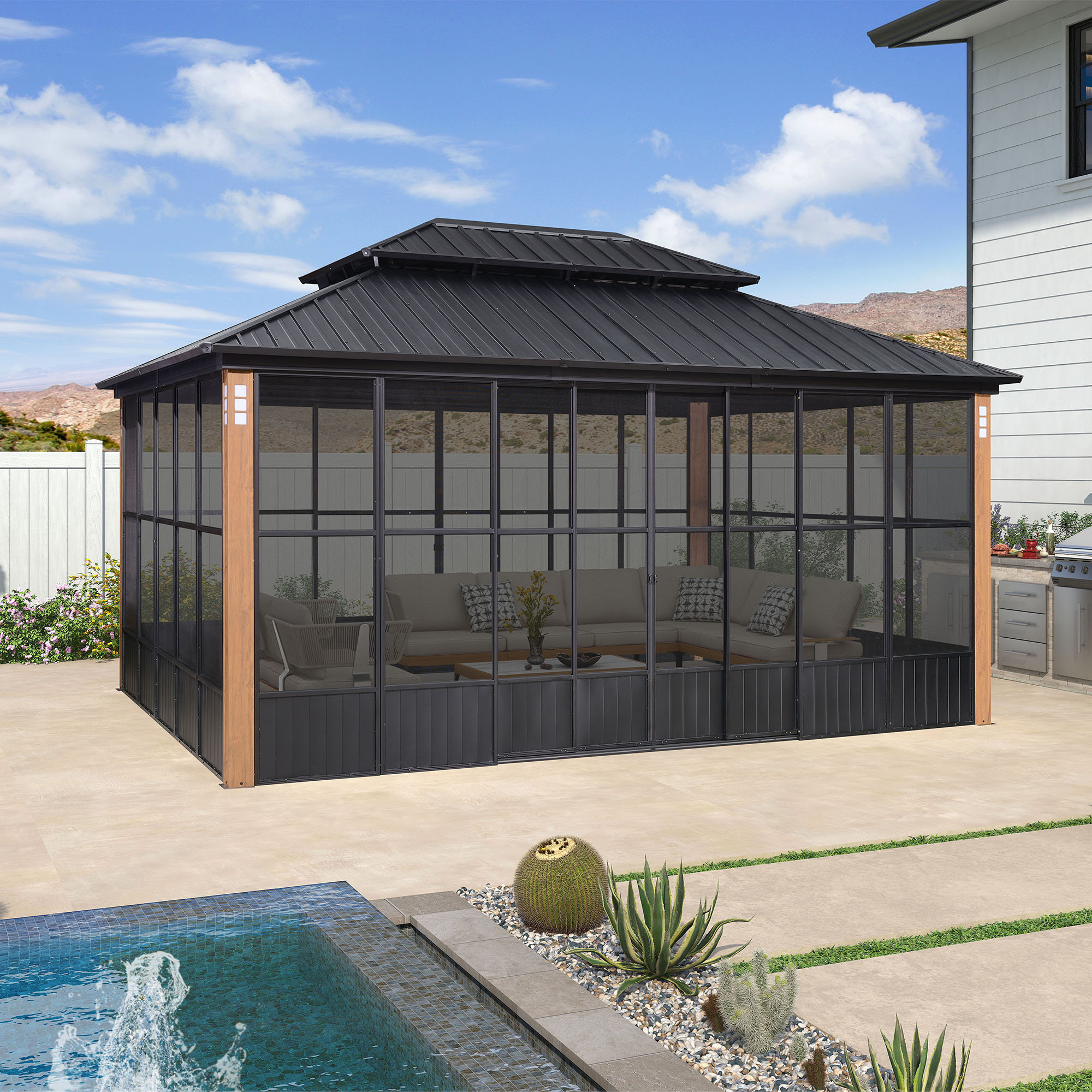 PURPLE LEAF 16 Ft. W x 12 Ft. D Aluminum Gazebo Outdoor Screen House Aluminum Solarium Backyard ...