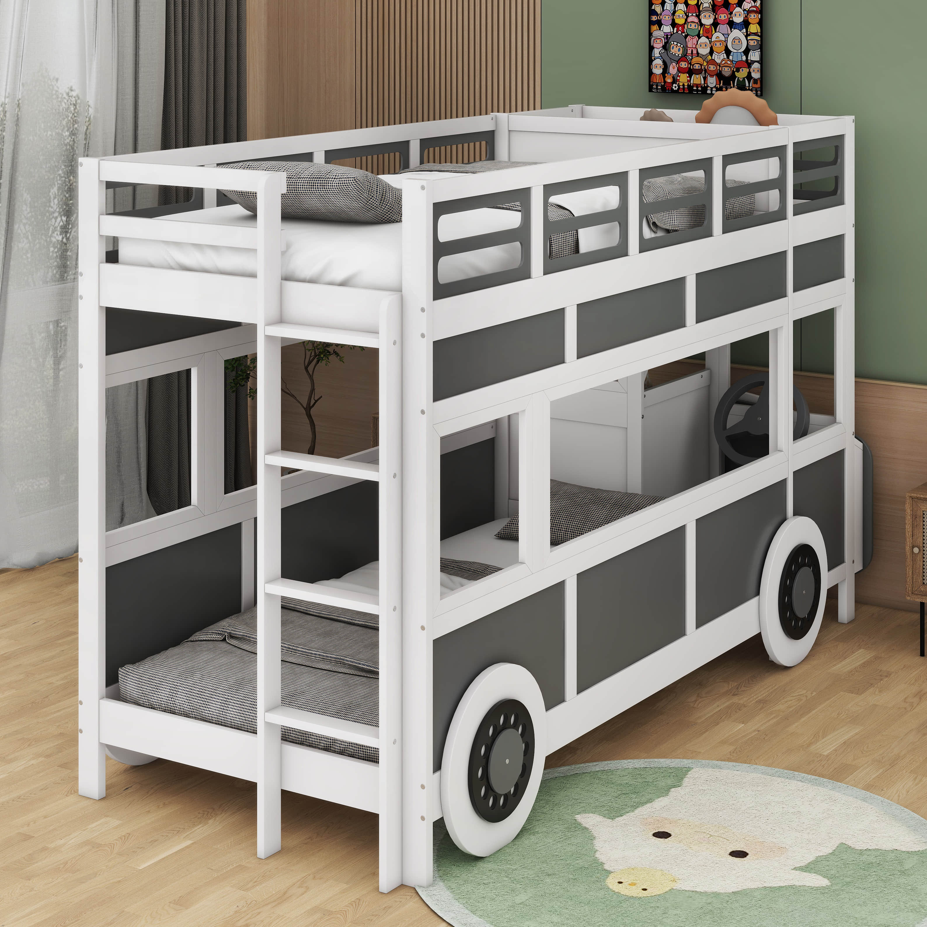 Zoomie Kids Twin Over Twin Bus-Shaped Bunk Bed With Wheels And Storage ...