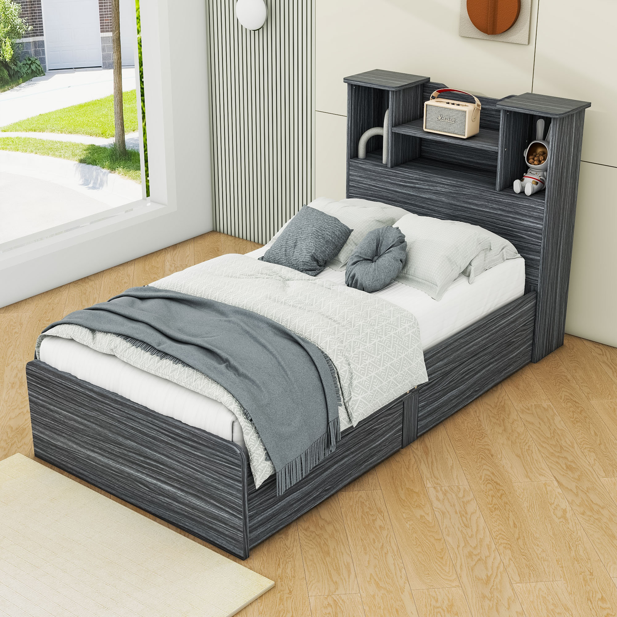 Red Barrel Studio® Monu Twin Size Wood Platform Bed with Storage Shelves,LED Light and 2 Drawers ...