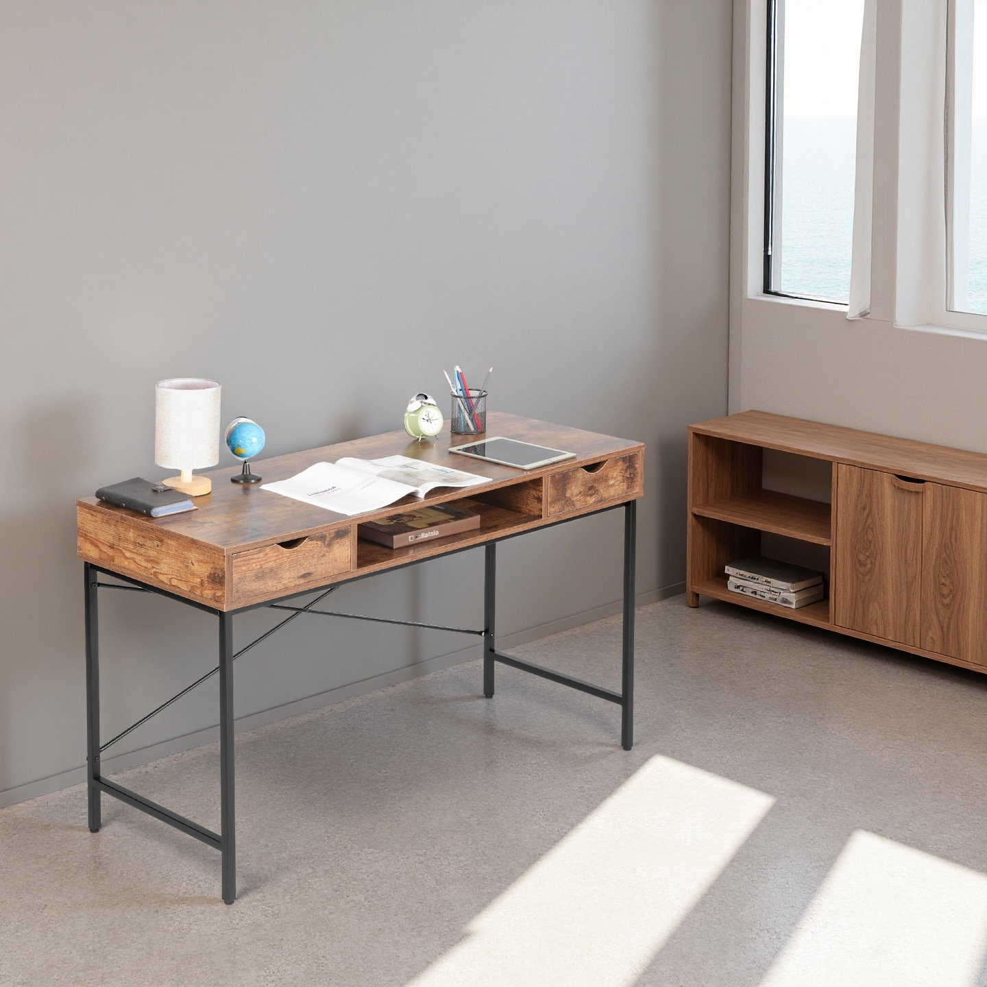 Ebern Designs Glenhill Writing Desk with Drawer - Built-In Power ...