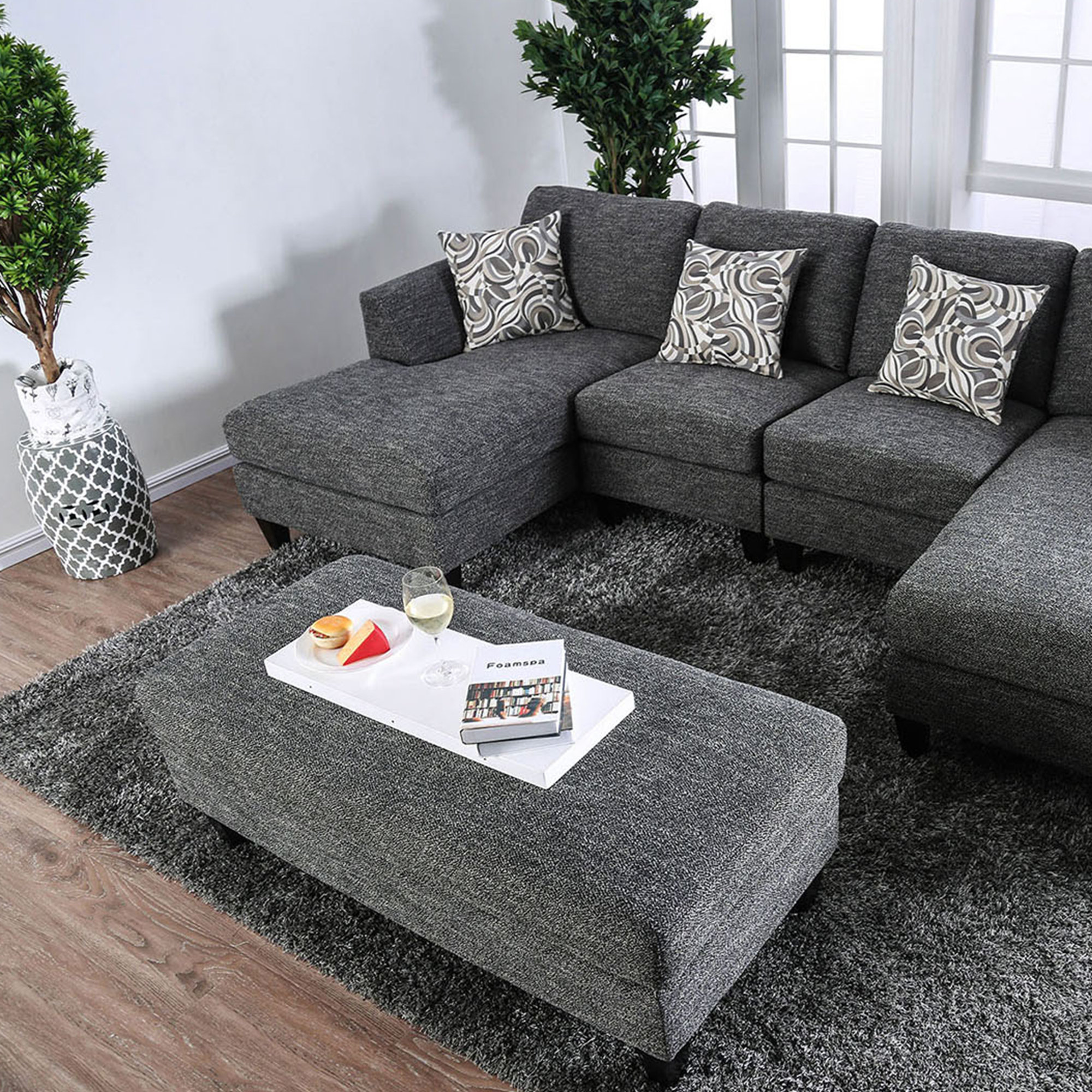 Hokku Designs Contemporary Style Ottoman Grey Colour Chenille 1pc ...