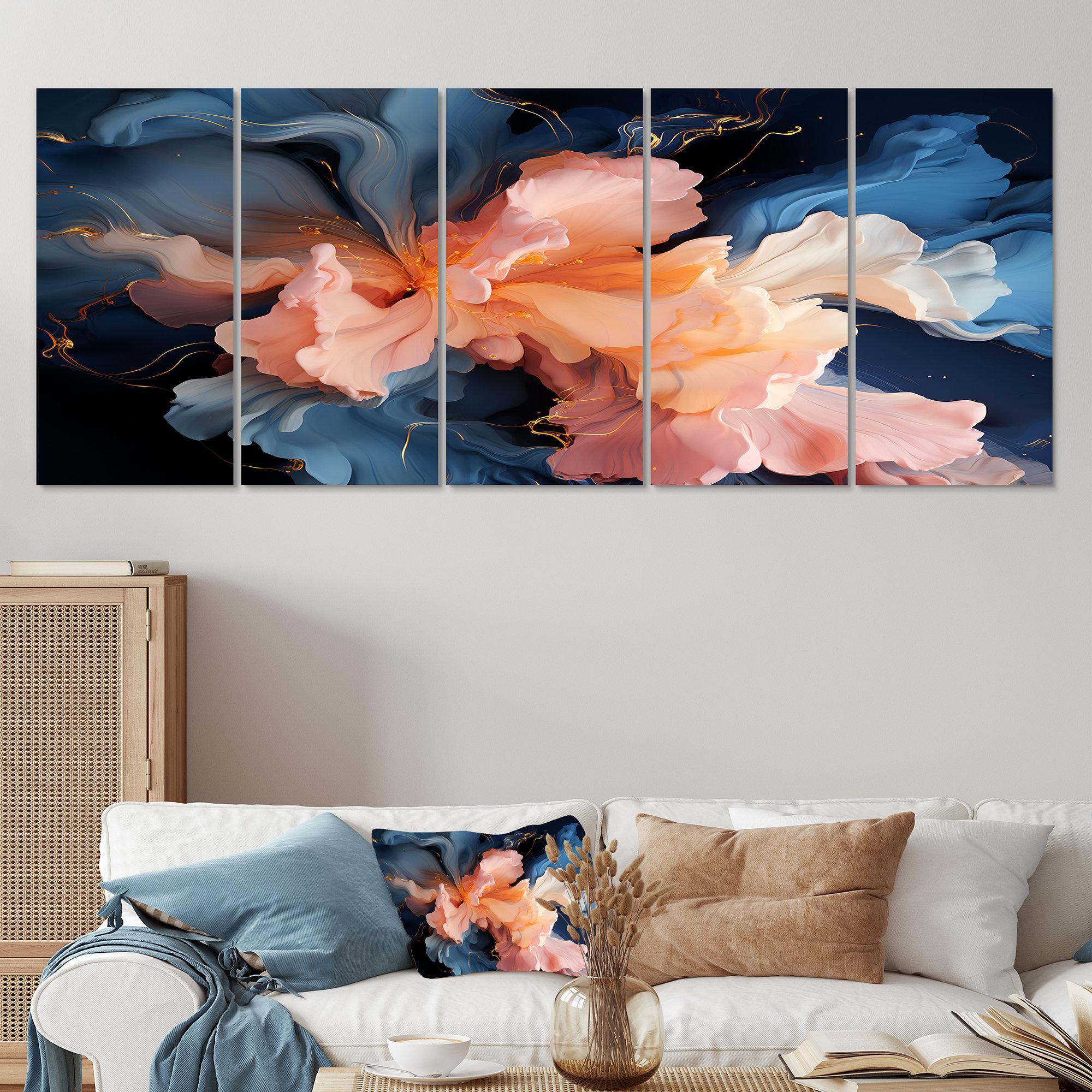 Design Art Blooming Pastel Pink On Royal Blue - Liquid ink Abstract ...