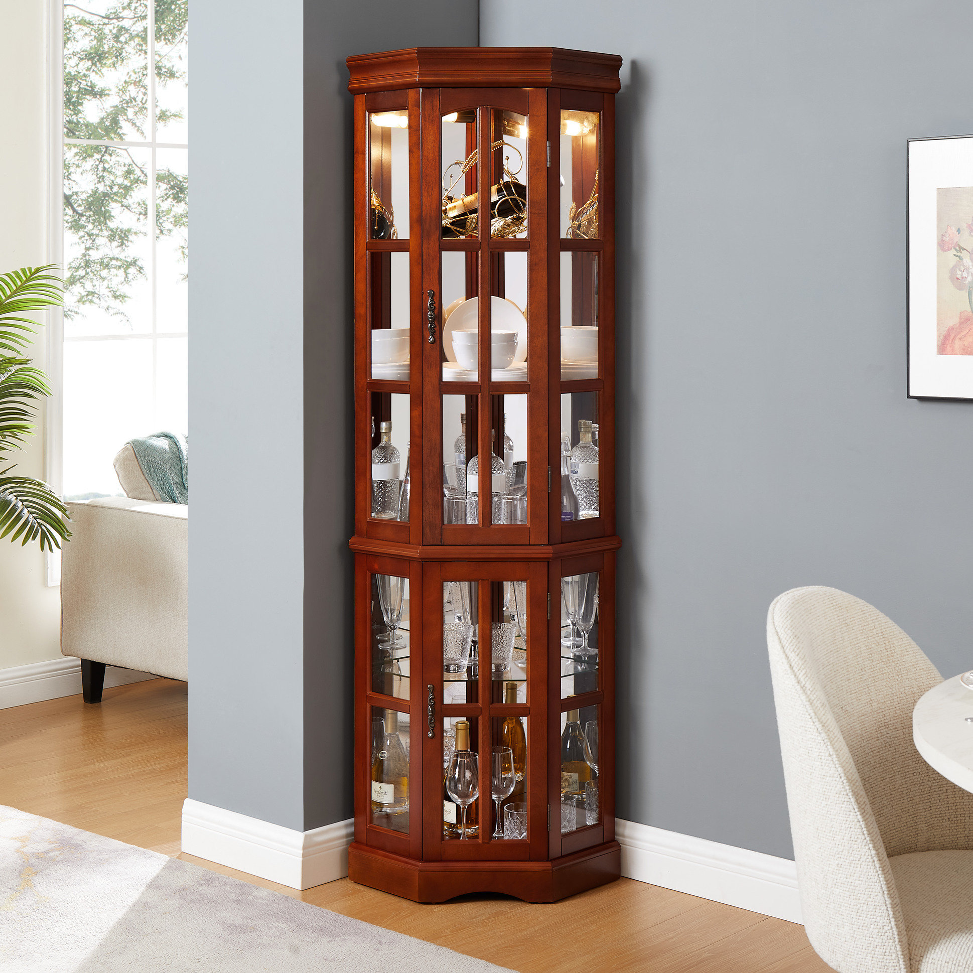 Astoria Grand 5-Shelf Walnut Corner Curio Cabinet With - Lighting In 5 ...