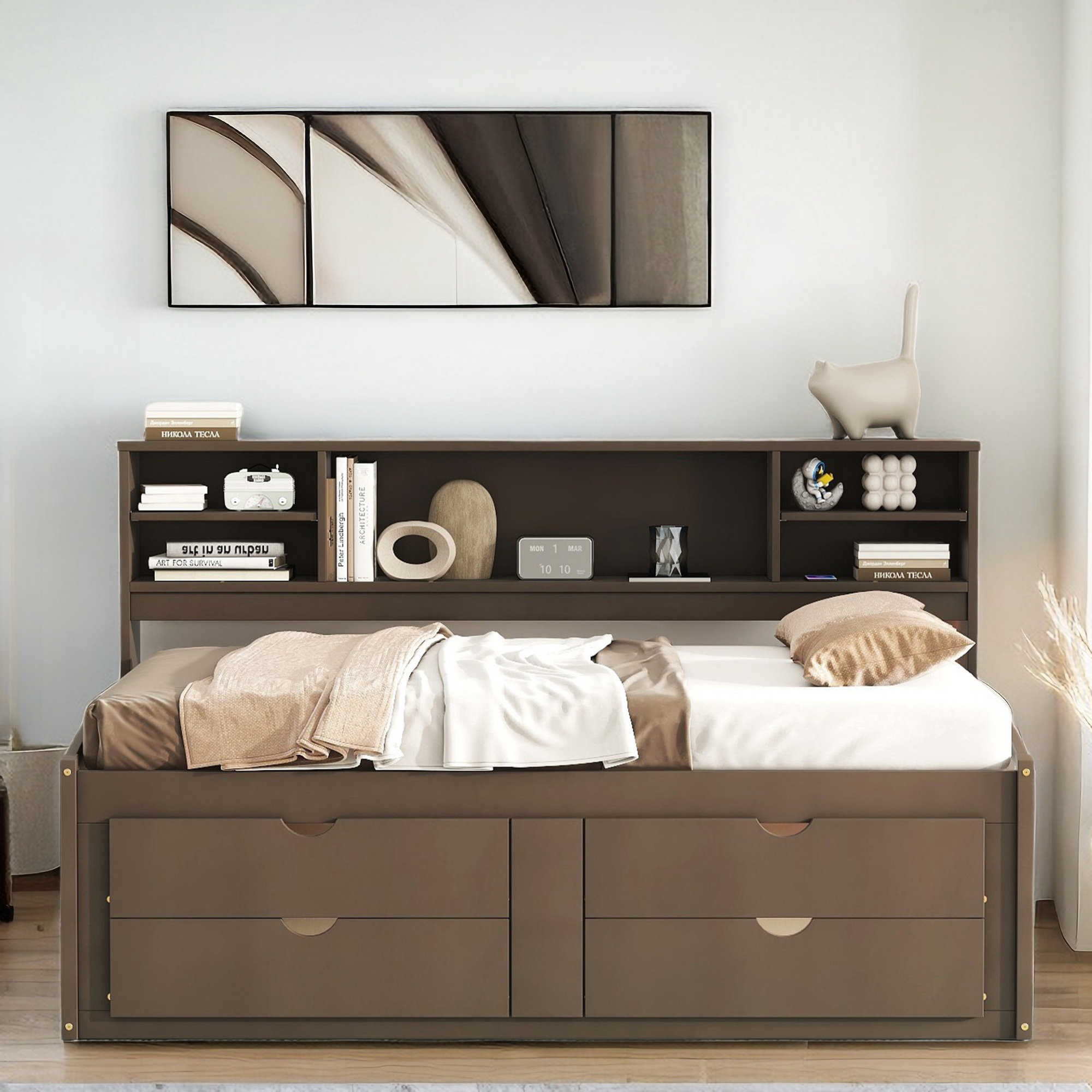 Wildon Home® Desman Wood Daybed with Storage Bookcase, Two Cabinets and ...