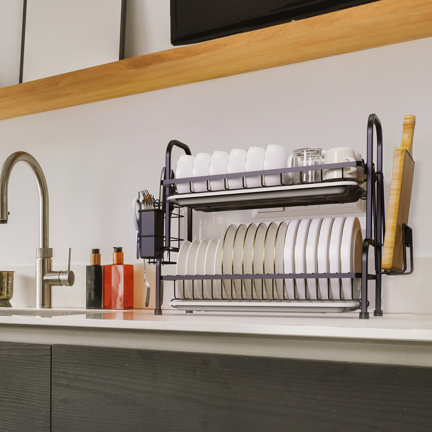 BAOKALER 2-Tier Dish Rack for Kitchen, Dish Drying Rack with Drain ...