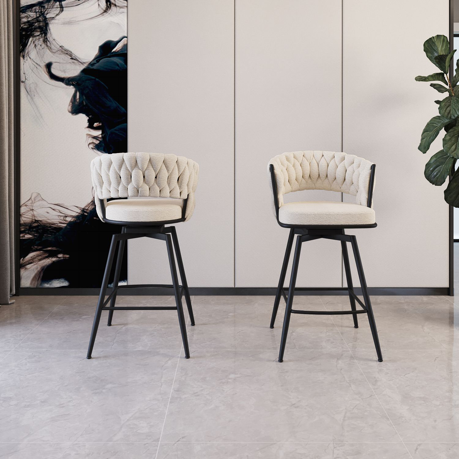 Corrigan Studio Elegant Linen Woven Bar Stool Set, 26 Inch with Black ...
