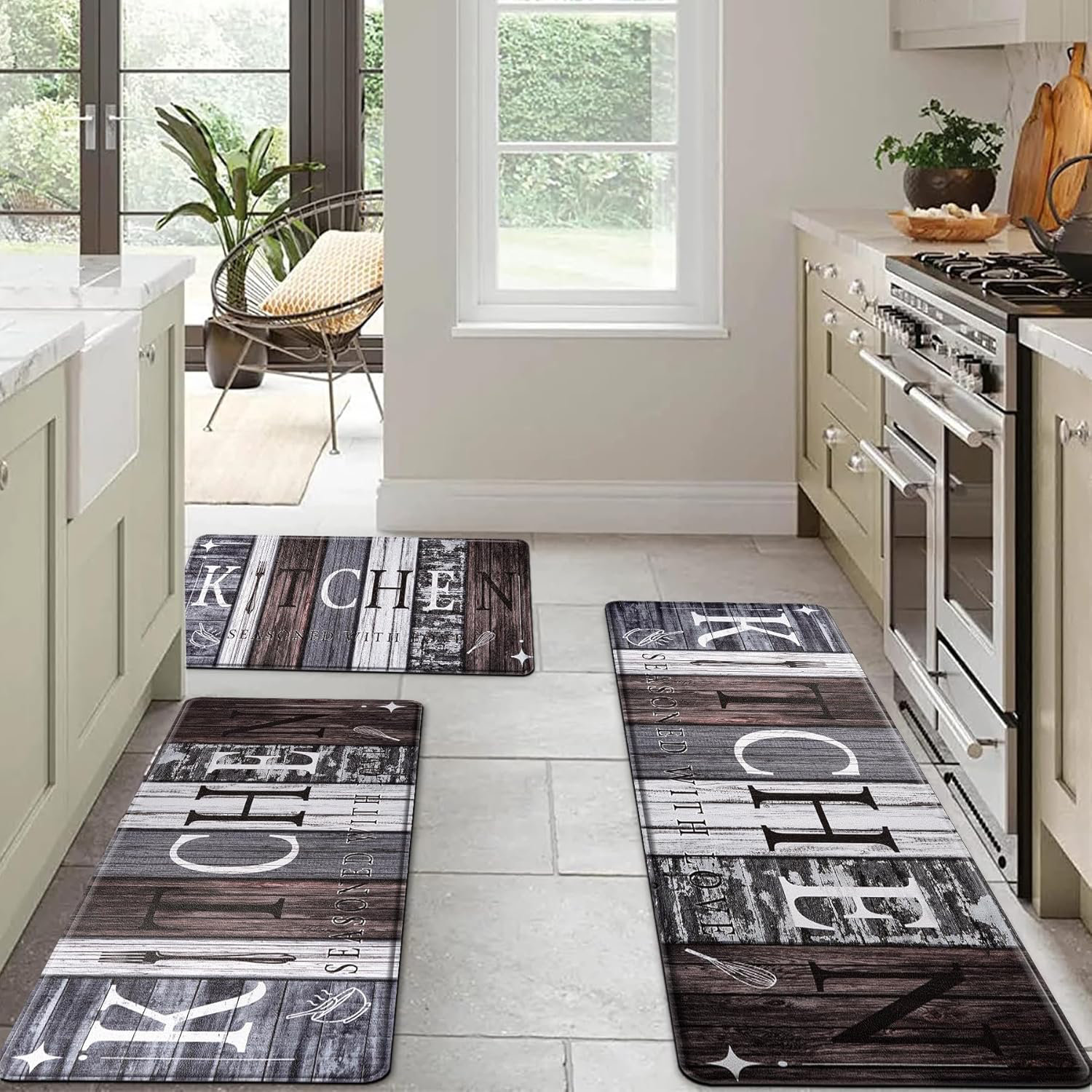AMIBZ Farmhouse Kitchen Mats Set Of 3, Wooden Board Theme Kitchen Rugs ...
