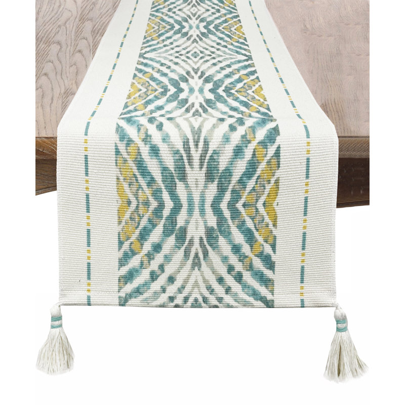 Bungalow Rose Green Abstract Print Braided Tassel Cotton Table Runner ...