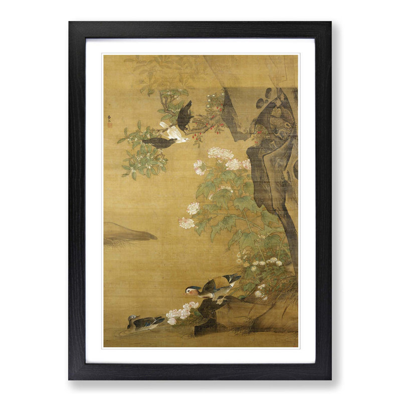 East Urban Home Ducks and Hollyhocks Japanese Oriental by Lu Ji Framed Painting Print | Wayfair ...