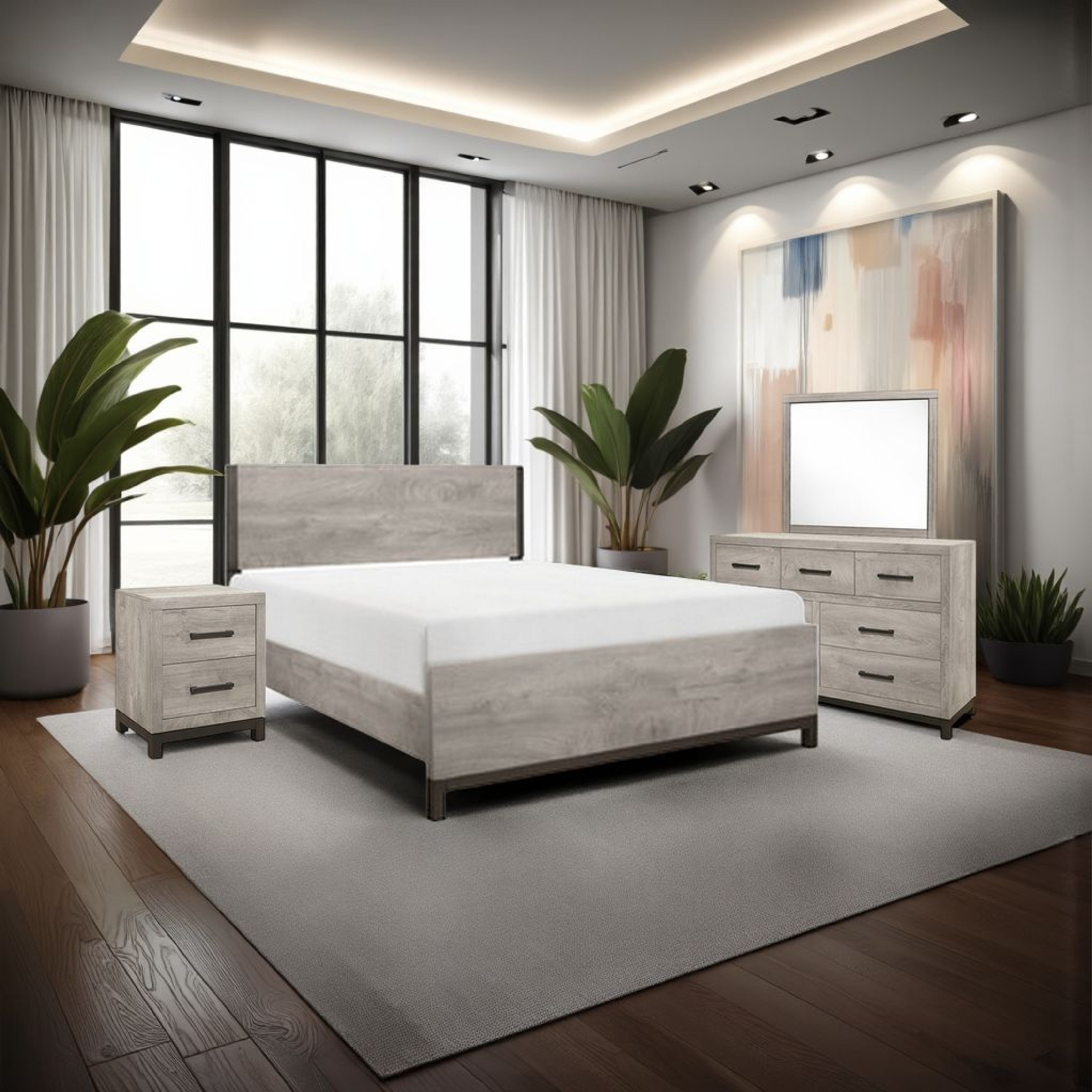 Benjara Zephyr 4 Pc Queen Size Bedroom Set, Light Grey, Brown, Modern ...
