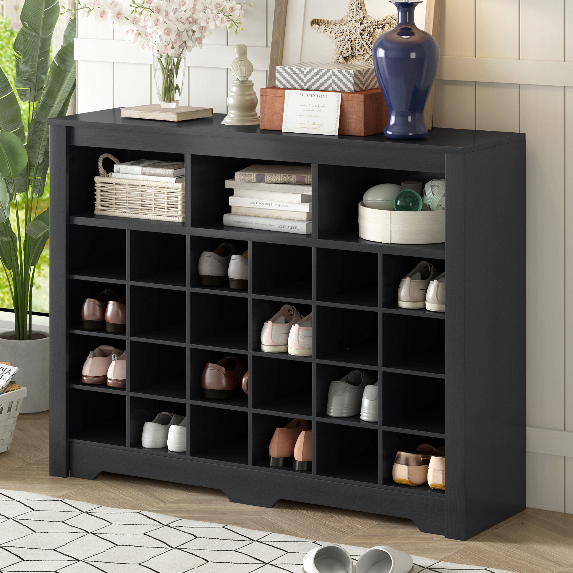 Mercer41 Sleek Design 24 Shoe Cubby Console, Modern Shoe Cabinet With ...