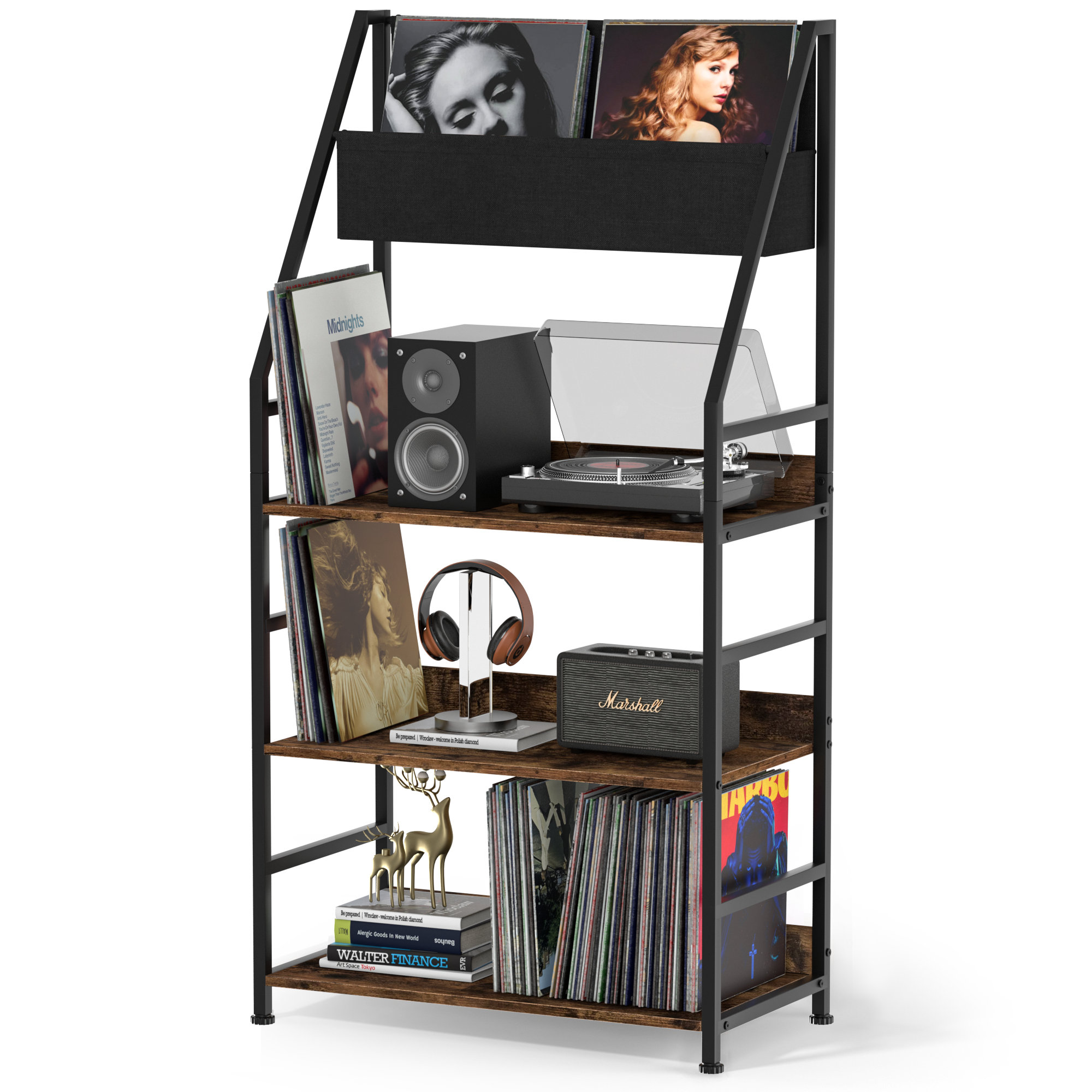 17 Stories Bookshelf Record Player Stand With Vinyl Storage, 3 Tier Vinyl Records Display ...