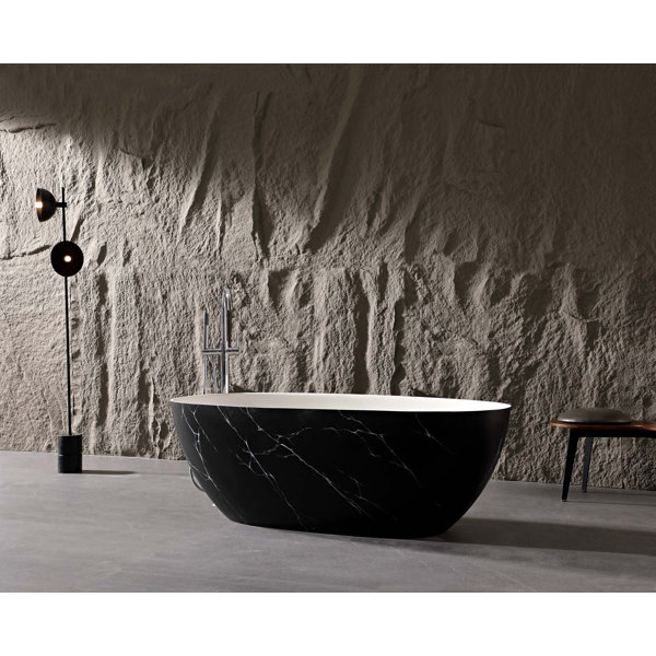 HOME ART 59" Luxury Solid Surface Bathtub In Black & White Marble ...