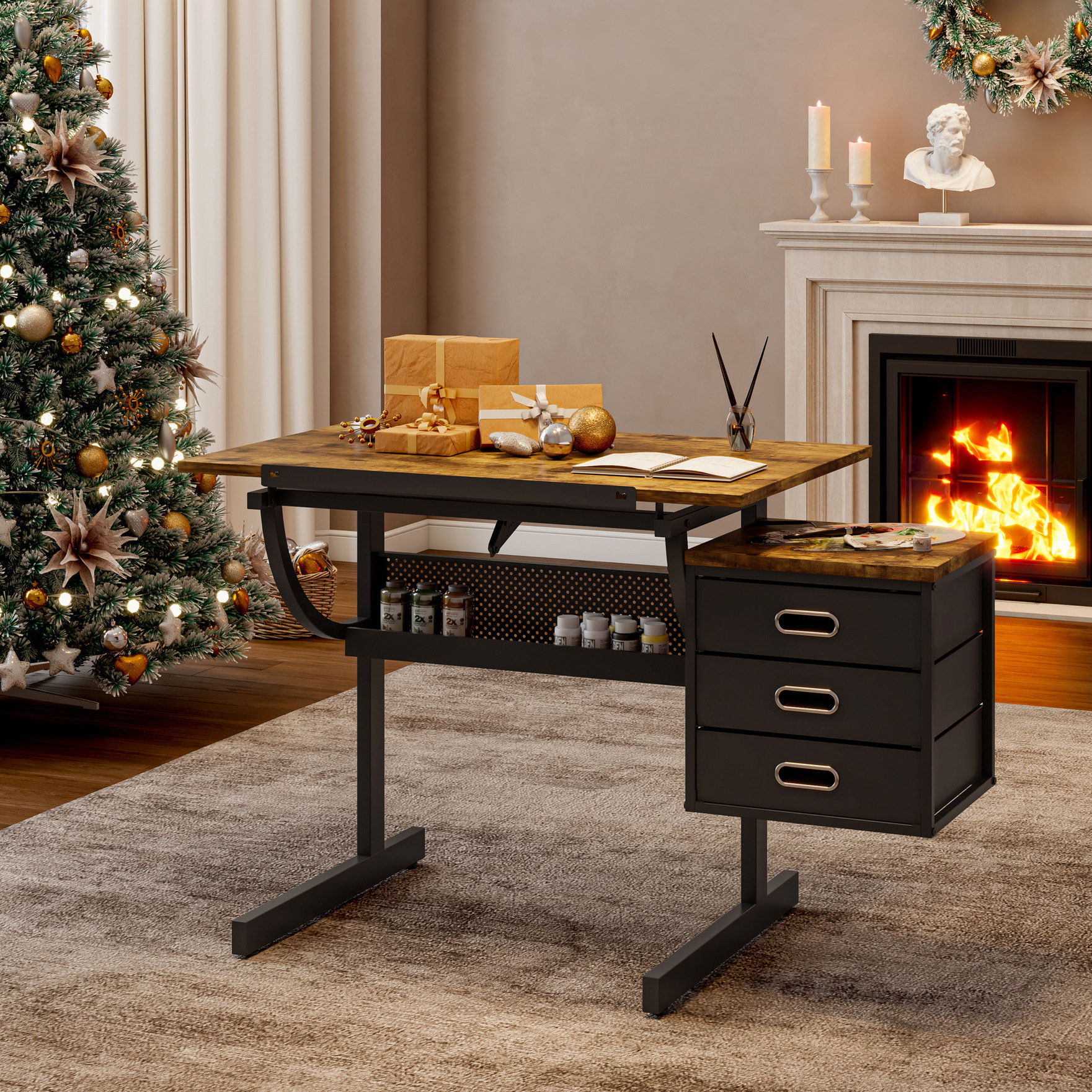 Ivy Bronx Adjustable Black Drawing Desk With Stool And Storage For ...