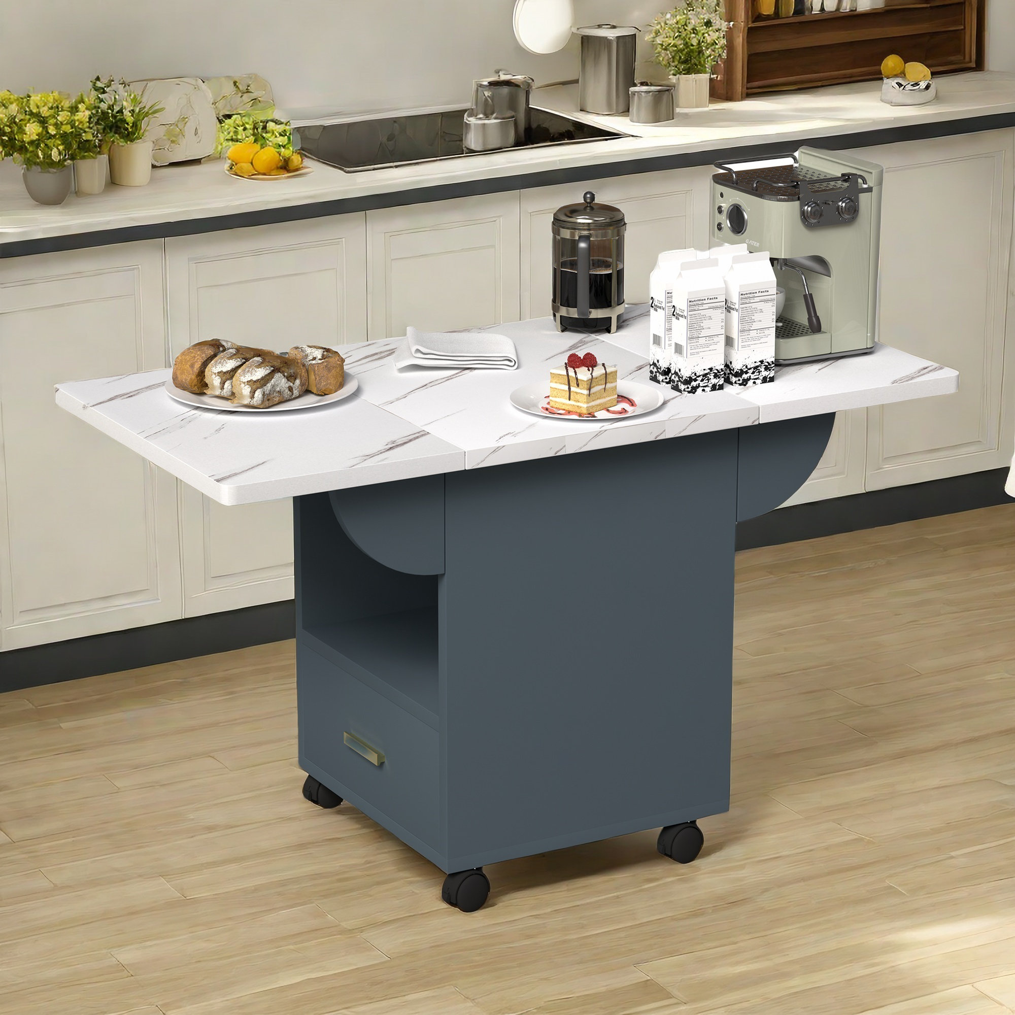 Wrought Studio™ Folding Dining Table With 4 Wheels, Storage Rack, 1 ...