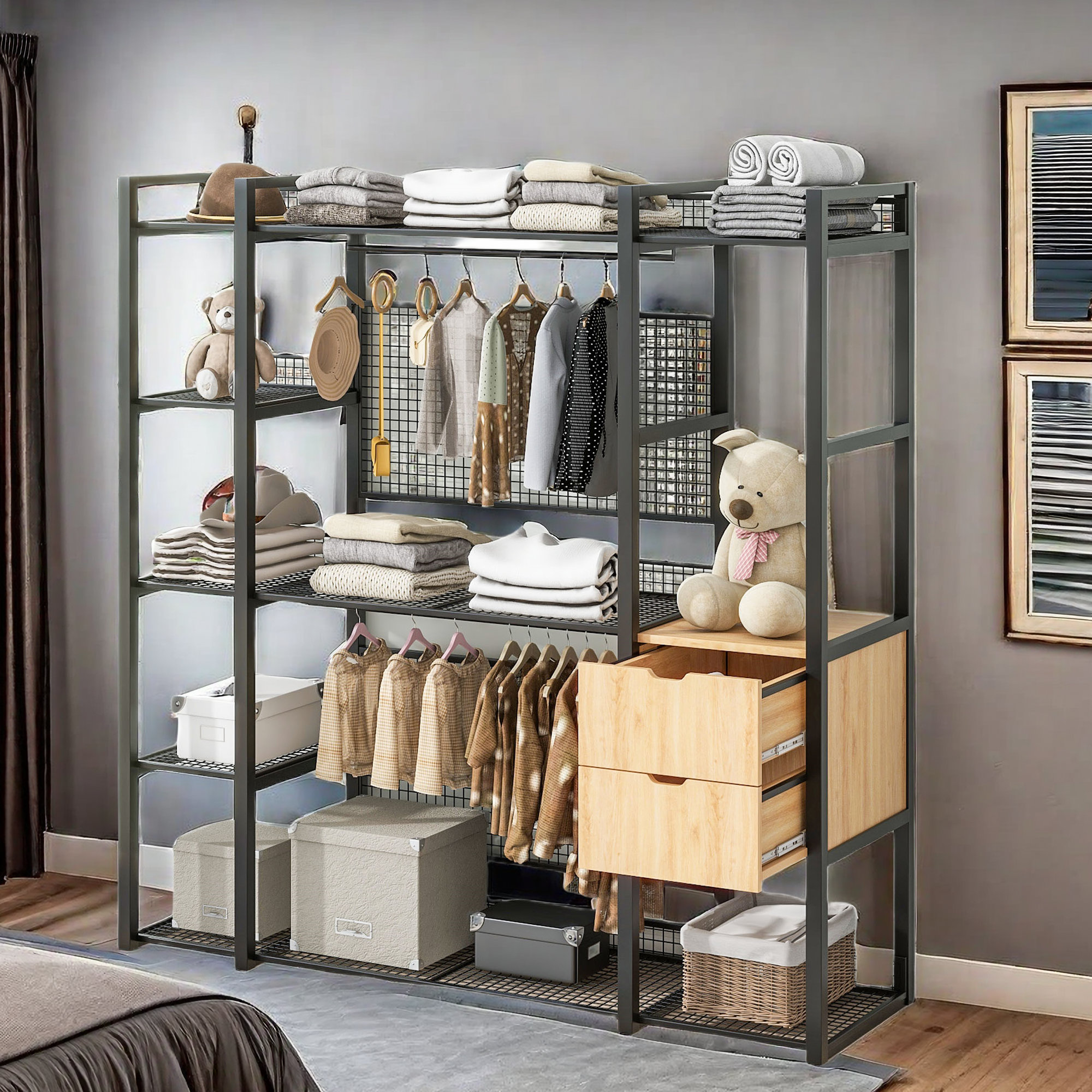 17 Stories Open-style Metal Wardrobe With Hanging Rails, Shelves And 2 ...