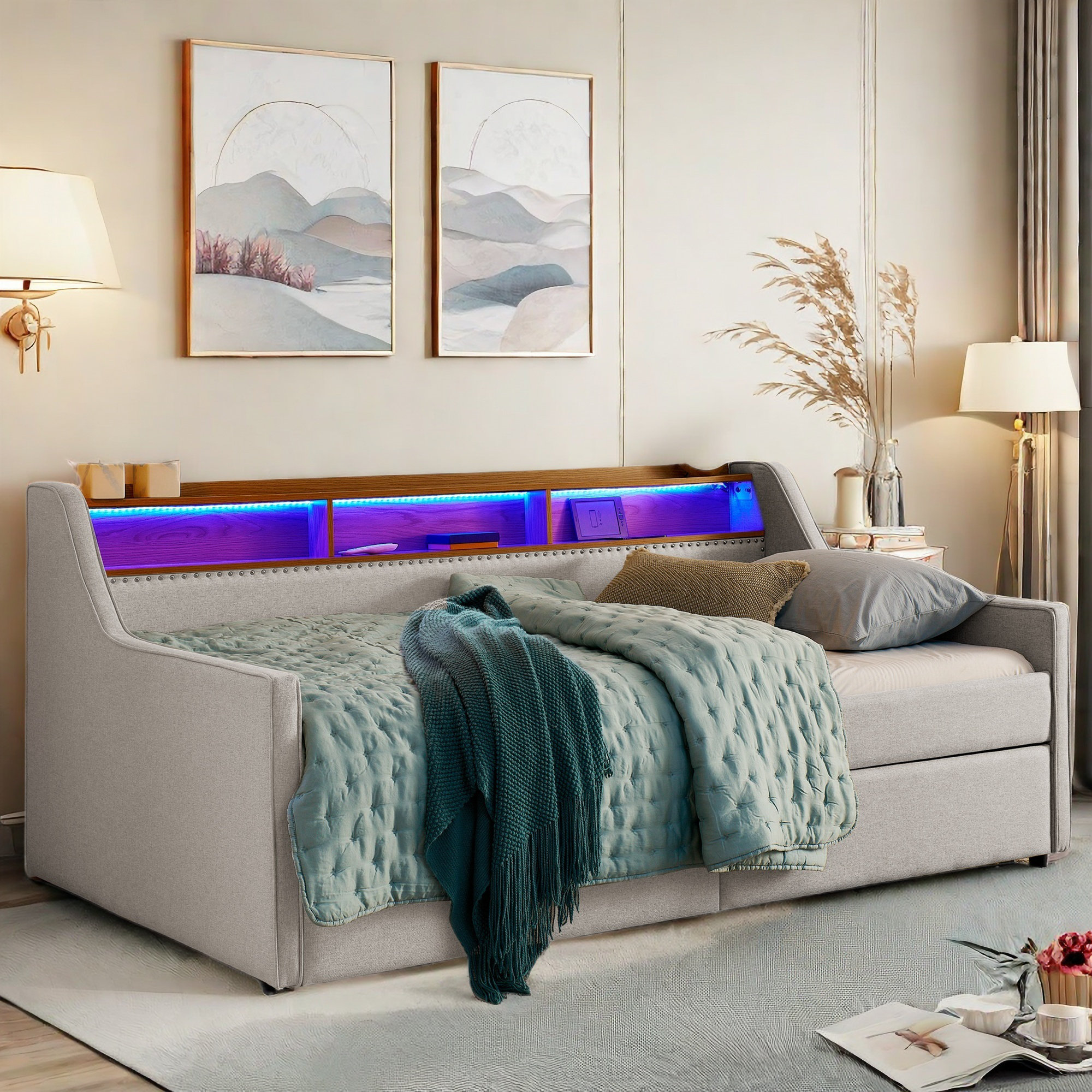 Brayden Studio Upholstered Daybed With 2 Drawers, Led Lights, Wireless ...