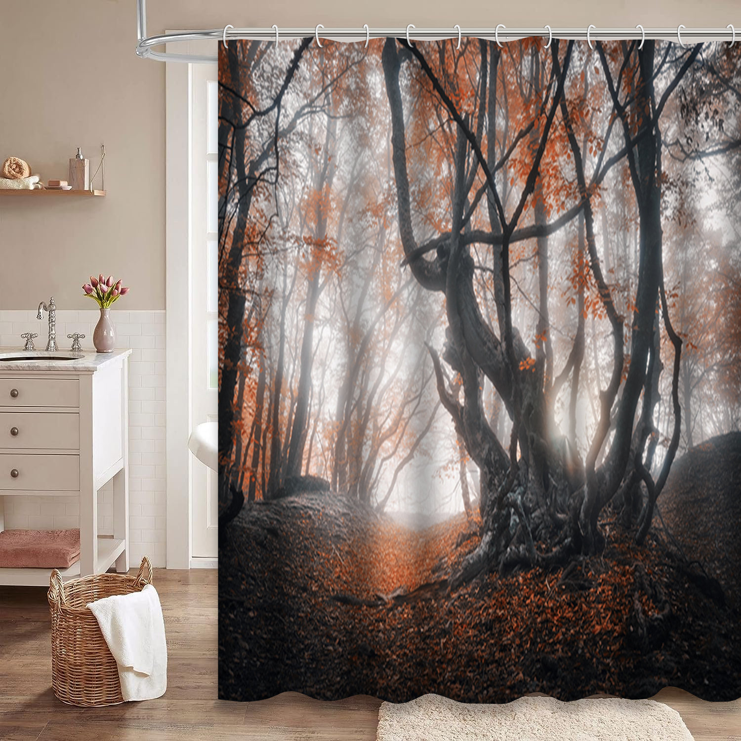 East Urban Home Mystic Autumn Shower Curtain with 12 Hooks - Foggy ...