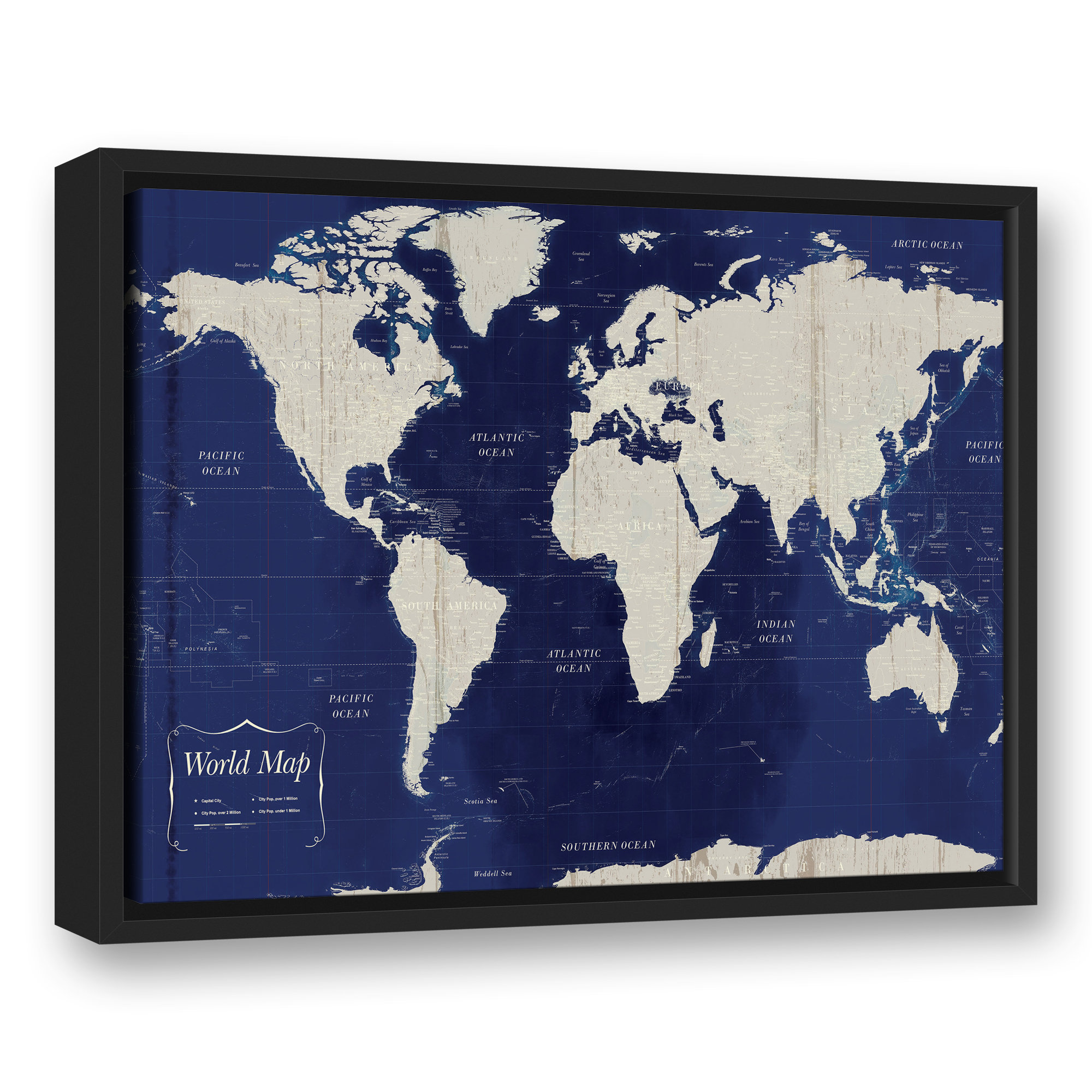 Breakwater Bay Navy Blue World Map Framed On Canvas Print | Wayfair