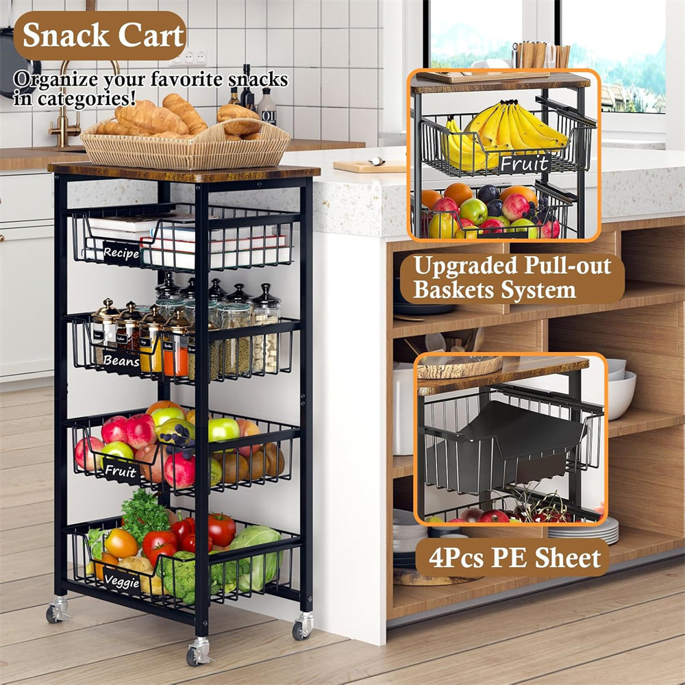 17 Stories 4-Tier Rolling Kitchen Storage Cart with Baskets and Wood ...