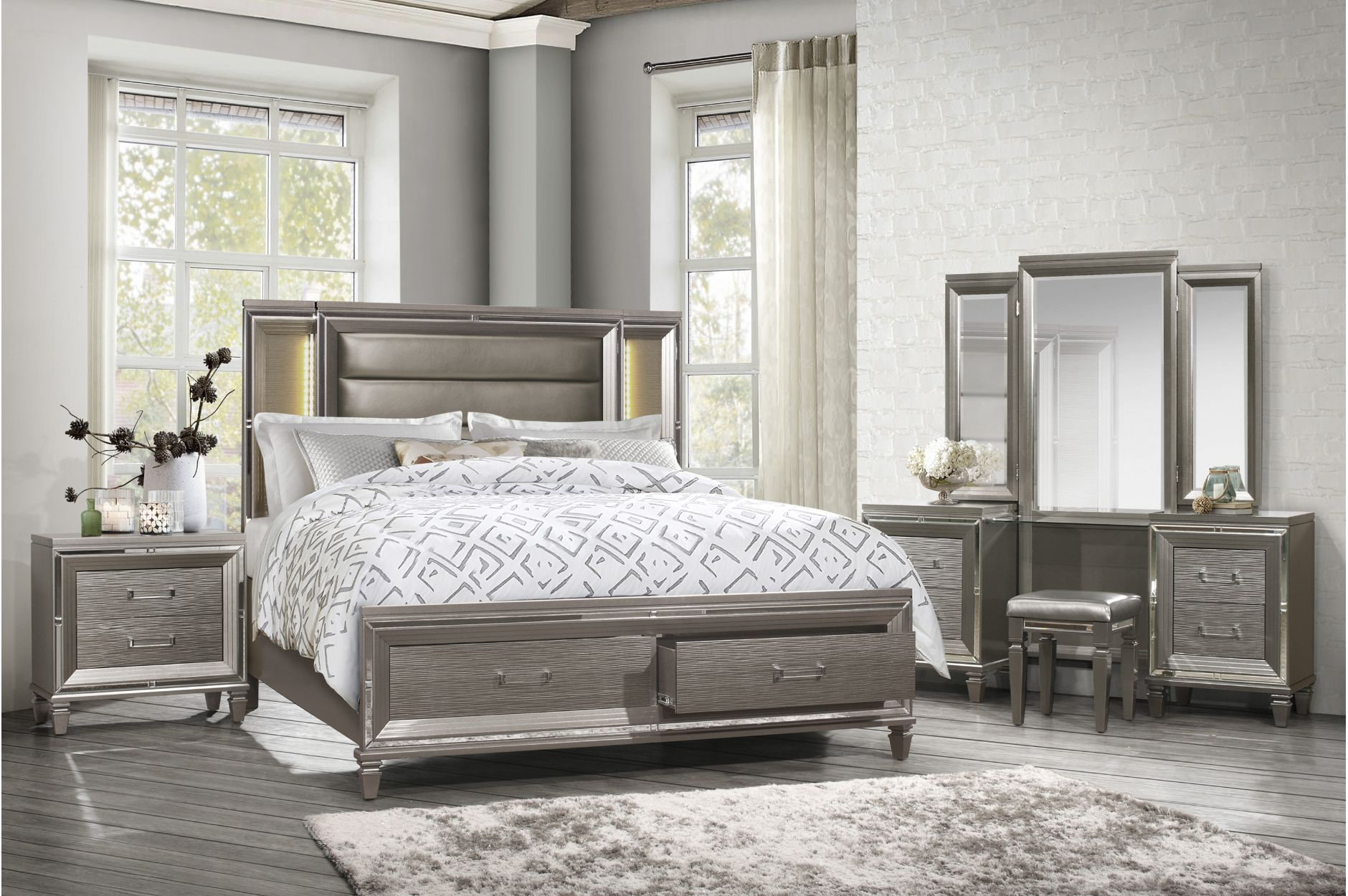 Rosdorf Park Estrellas Wiley Silver-Gray Leather Upholstered LED ...