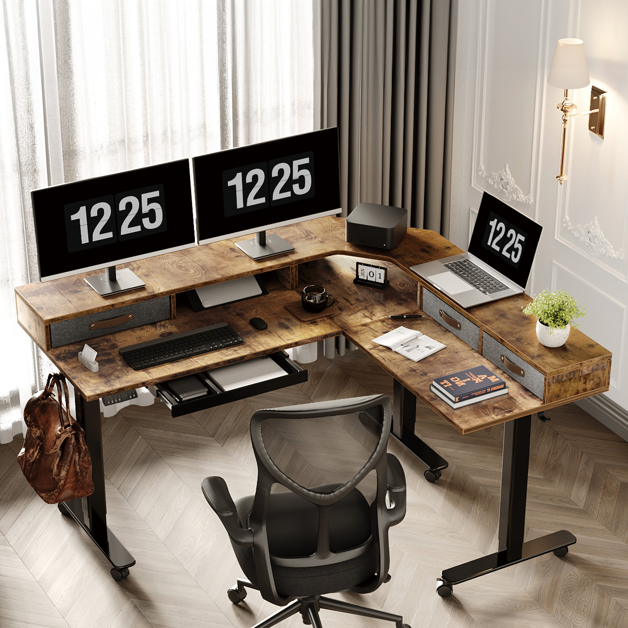 17 Stories Shah 63" W L Shaped Standing Desk with Drawers and Wheels ...