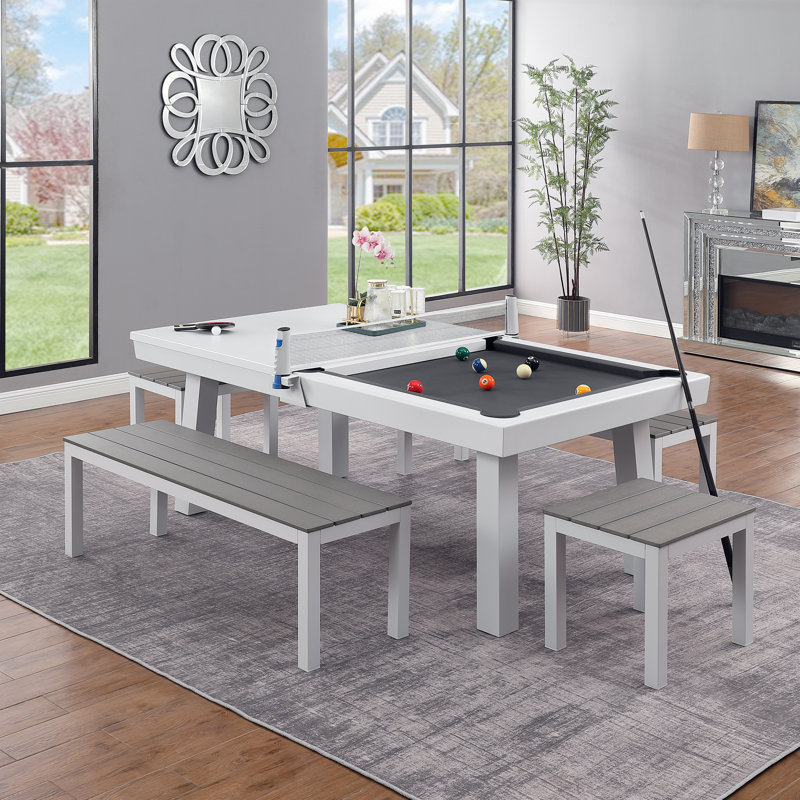 HomeSeason Oasis Outdoor/Indoor Slate Dining Pool Table w/ 4 Benches ...