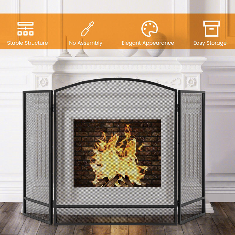 Winston Porter 3-panel Folding Fireplace Screen, Wrought Iron Spark ...