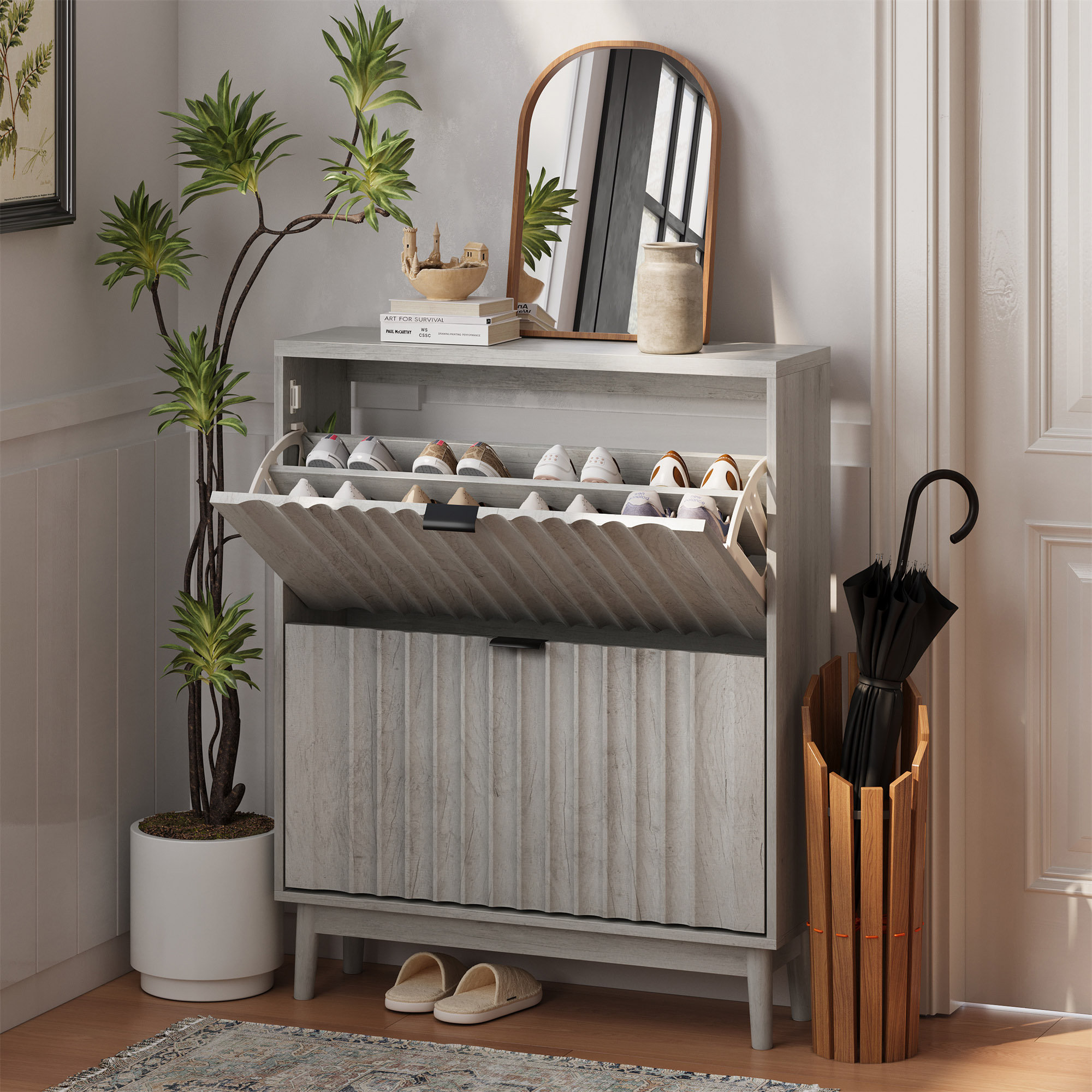 George Oliver Shoe Cabinet With 2 Flip Drawers, Fluted Shoe Storage ...