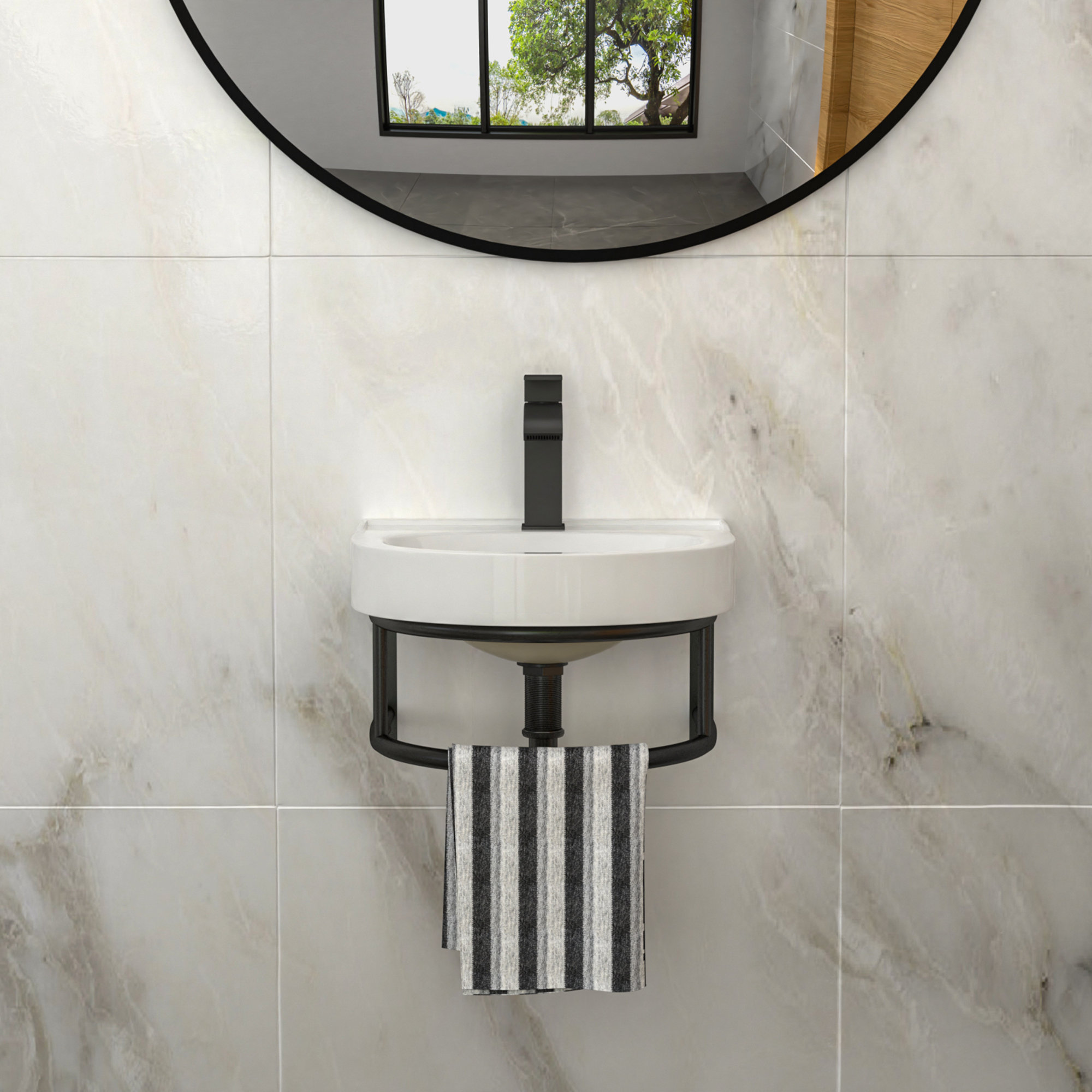Ebern Designs 16x14 Inch Wall-Mounted Ceramic Bathroom Sink with Black ...