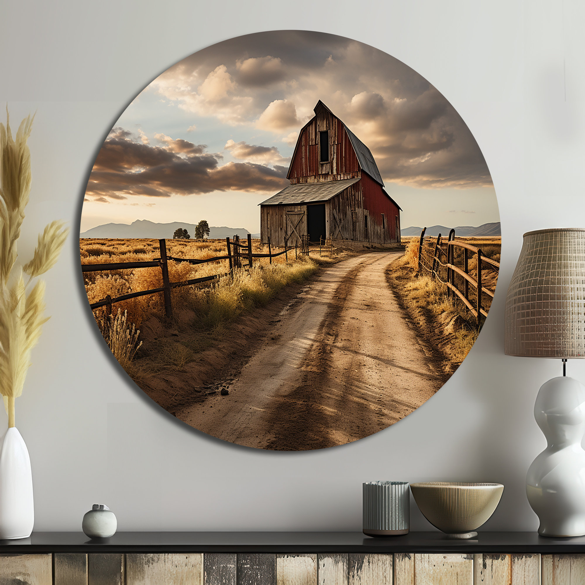 Design Art Barns Rustic Charm II - Architecture Round Metal Art | Wayfair