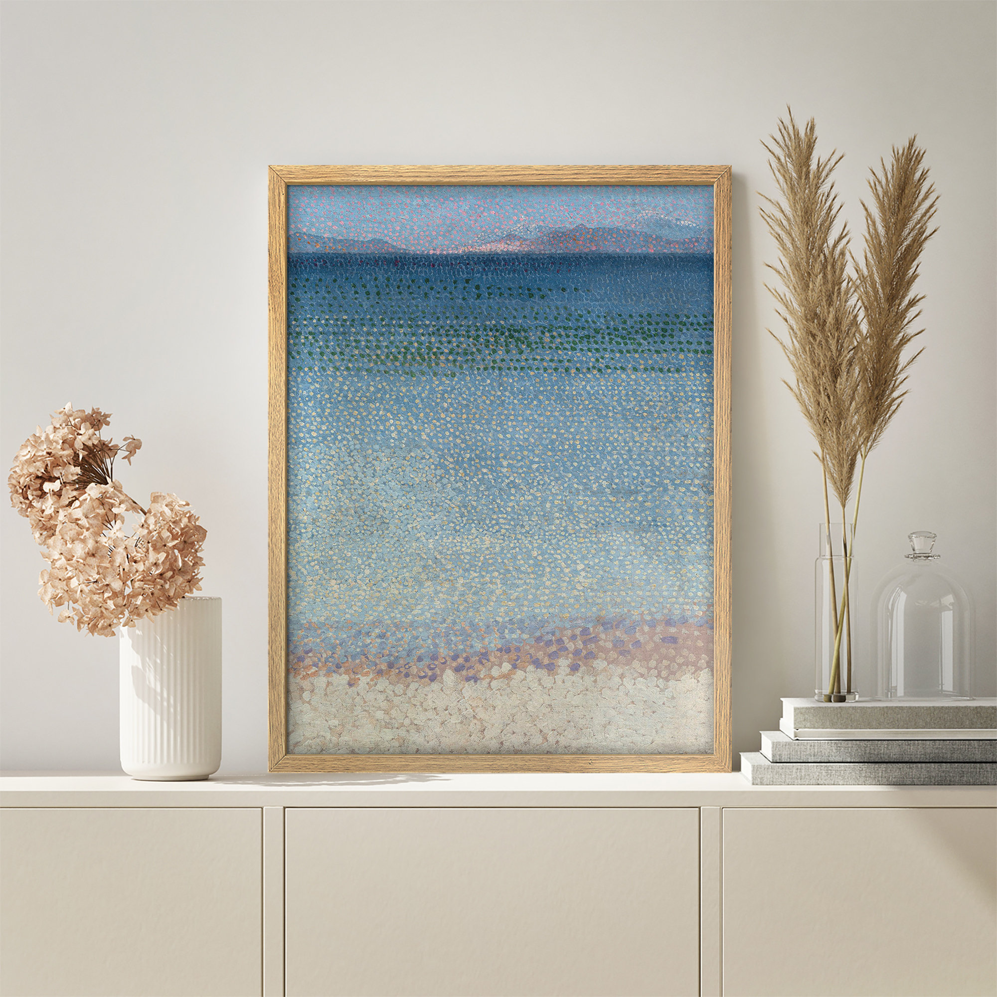SIGNLEADER Abstract Seaside Framed Wall Art Print, Pointillism Ocean ...