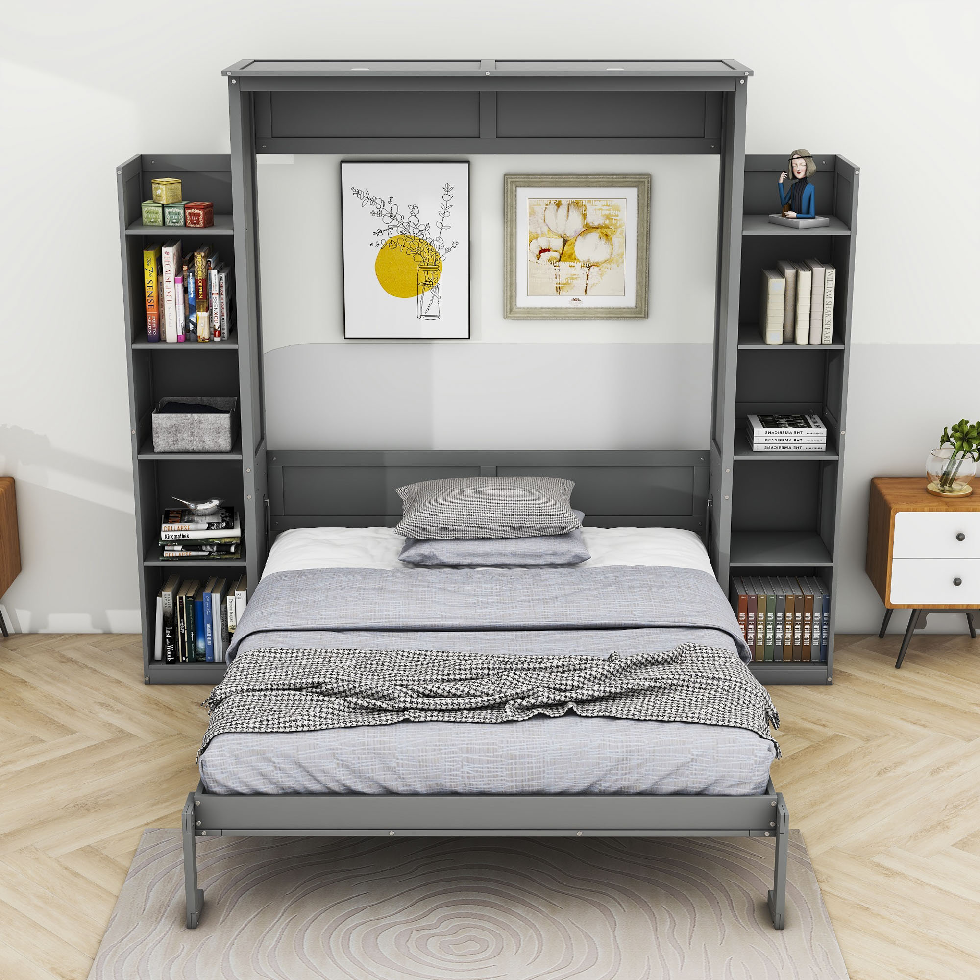 Hokku Designs Marquese Wood Wall Bed with Shelves and LED | Wayfair