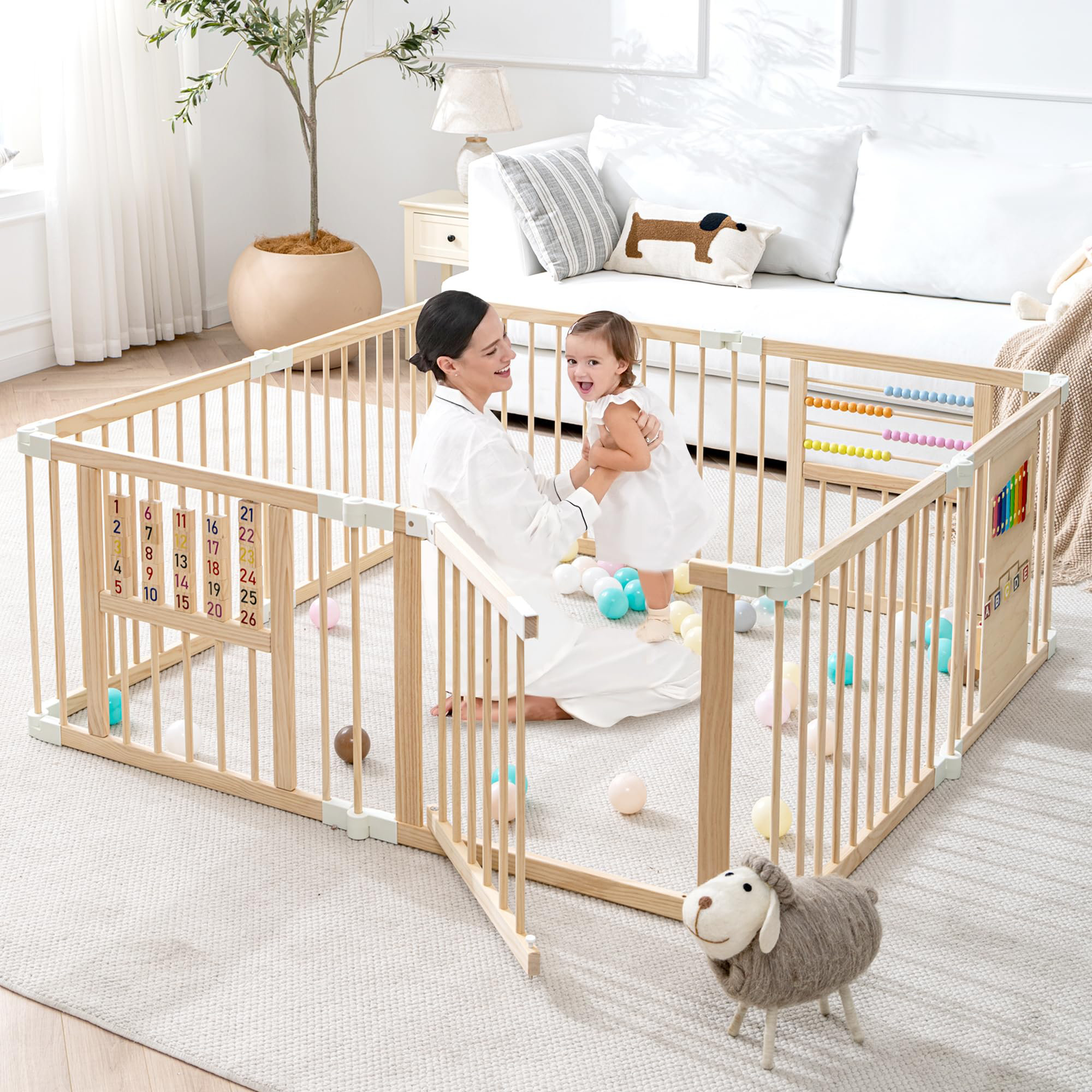 GGF BABY Wooden Baby Playpen with Built-in Educational Toys - Safe ...
